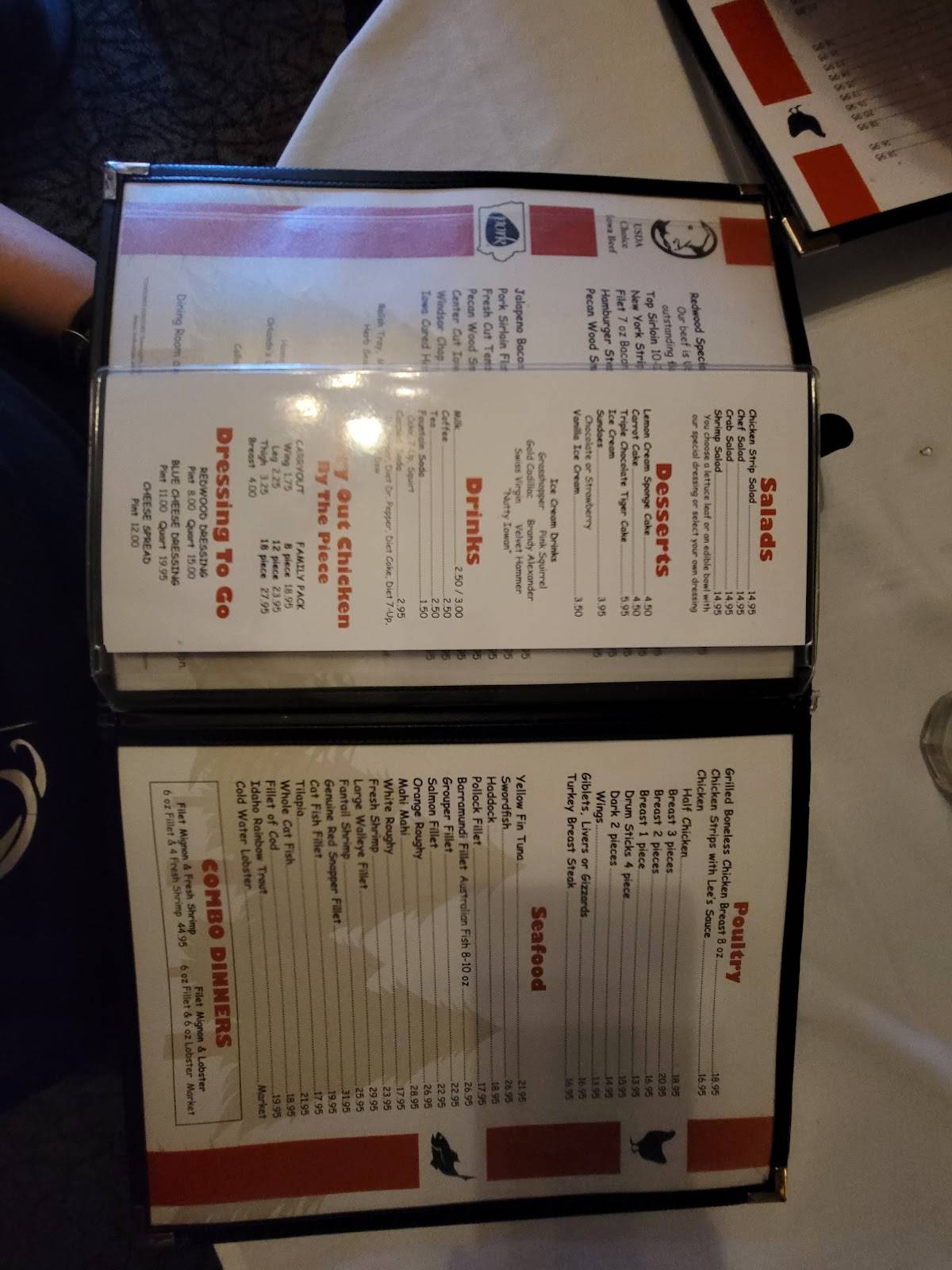 Menu at Redwood Steak House restaurant, Anita, White Pole Rd