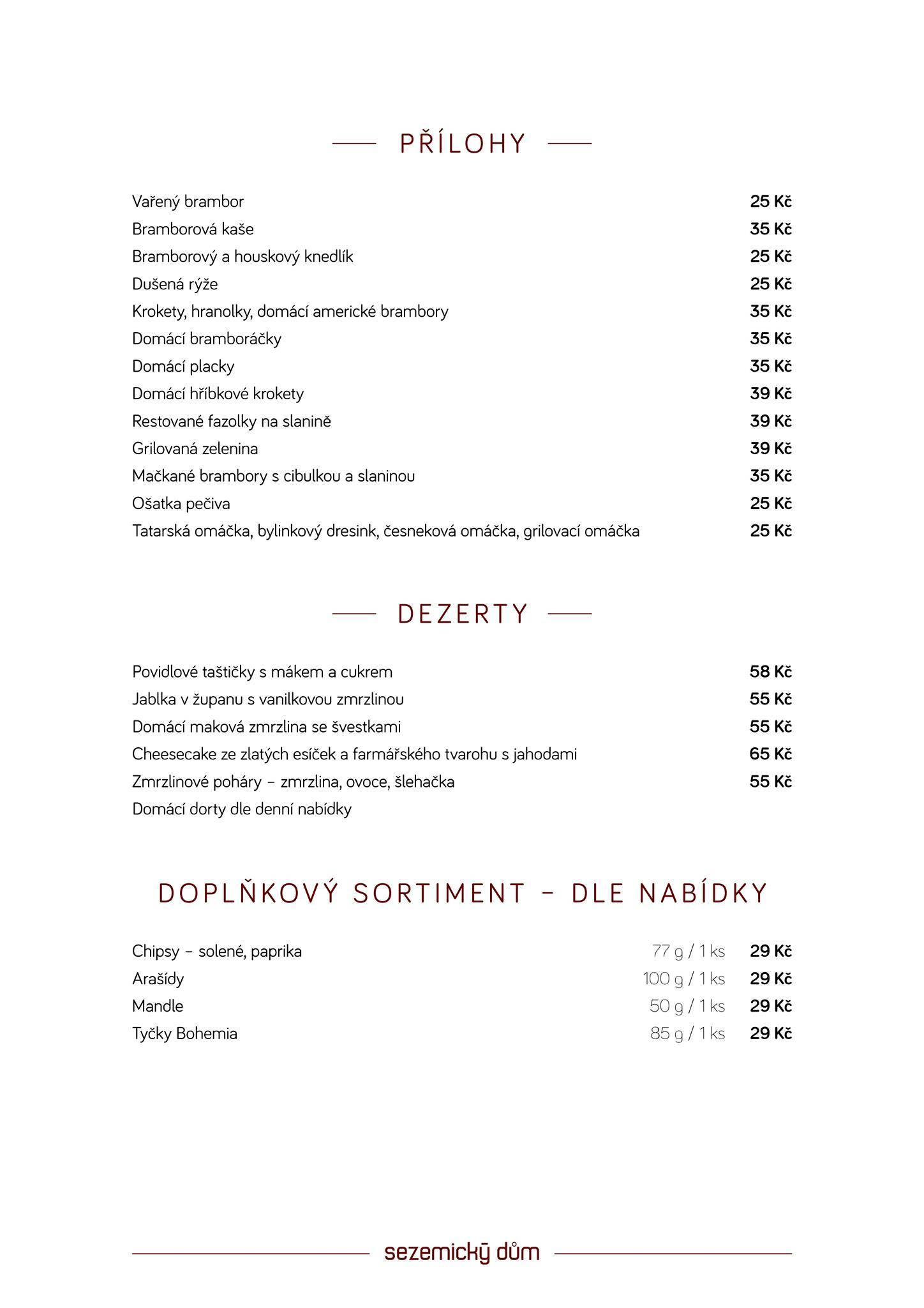 Menu at Restaurace Sezemický dům restaurant, Sezemice