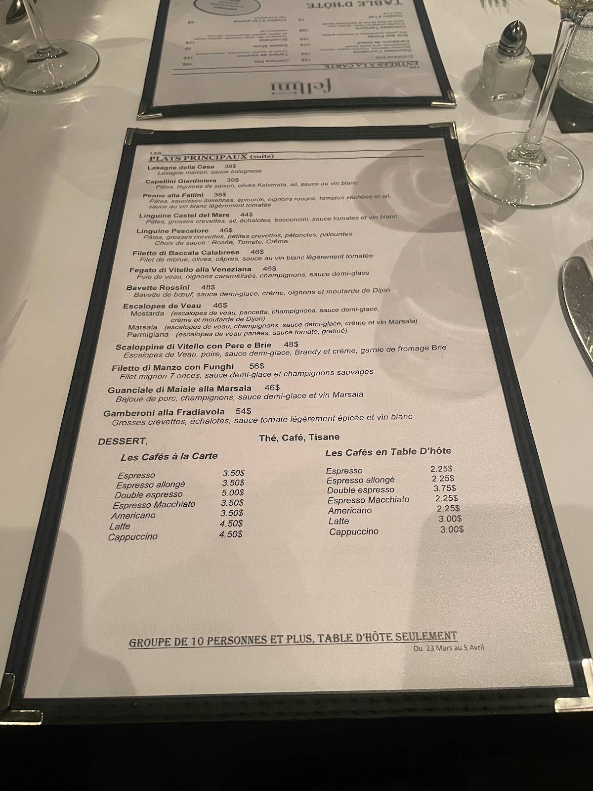 Menu au Restaurant Le Fellini, Saint-Eustache