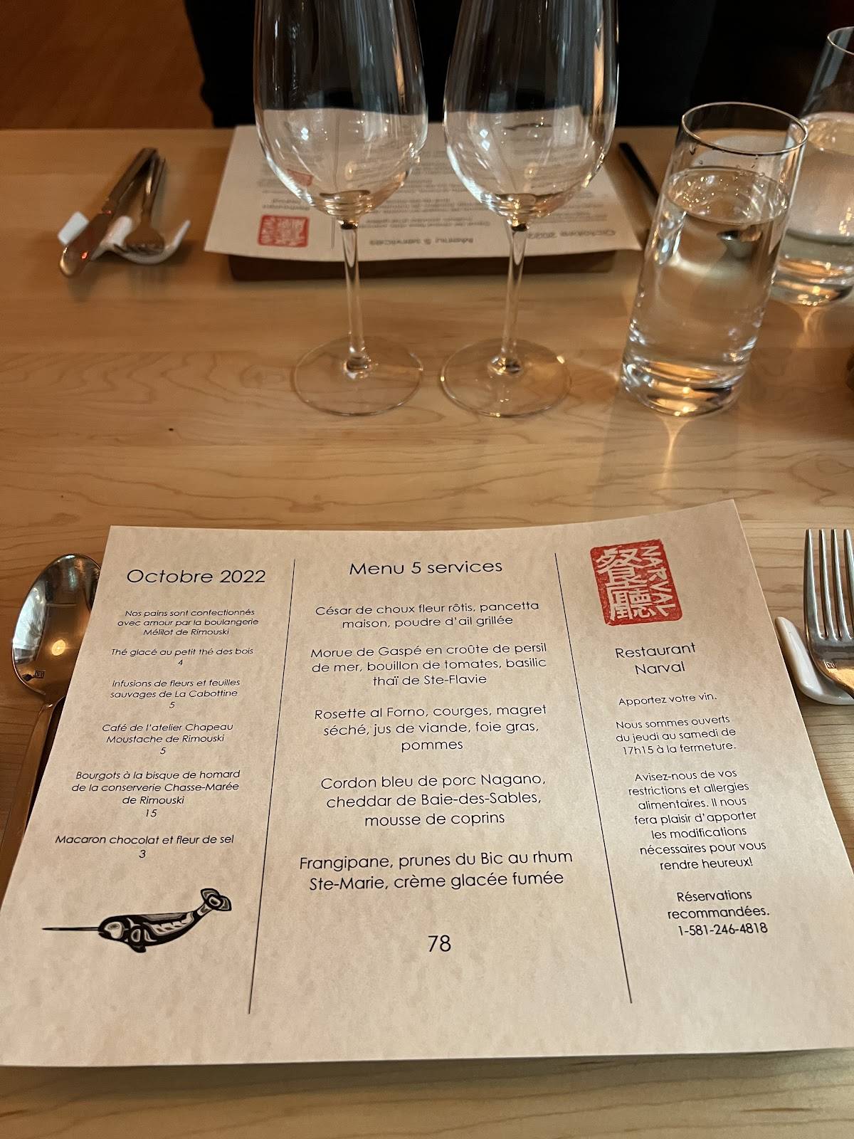Menu au Restaurant Narval, Rimouski