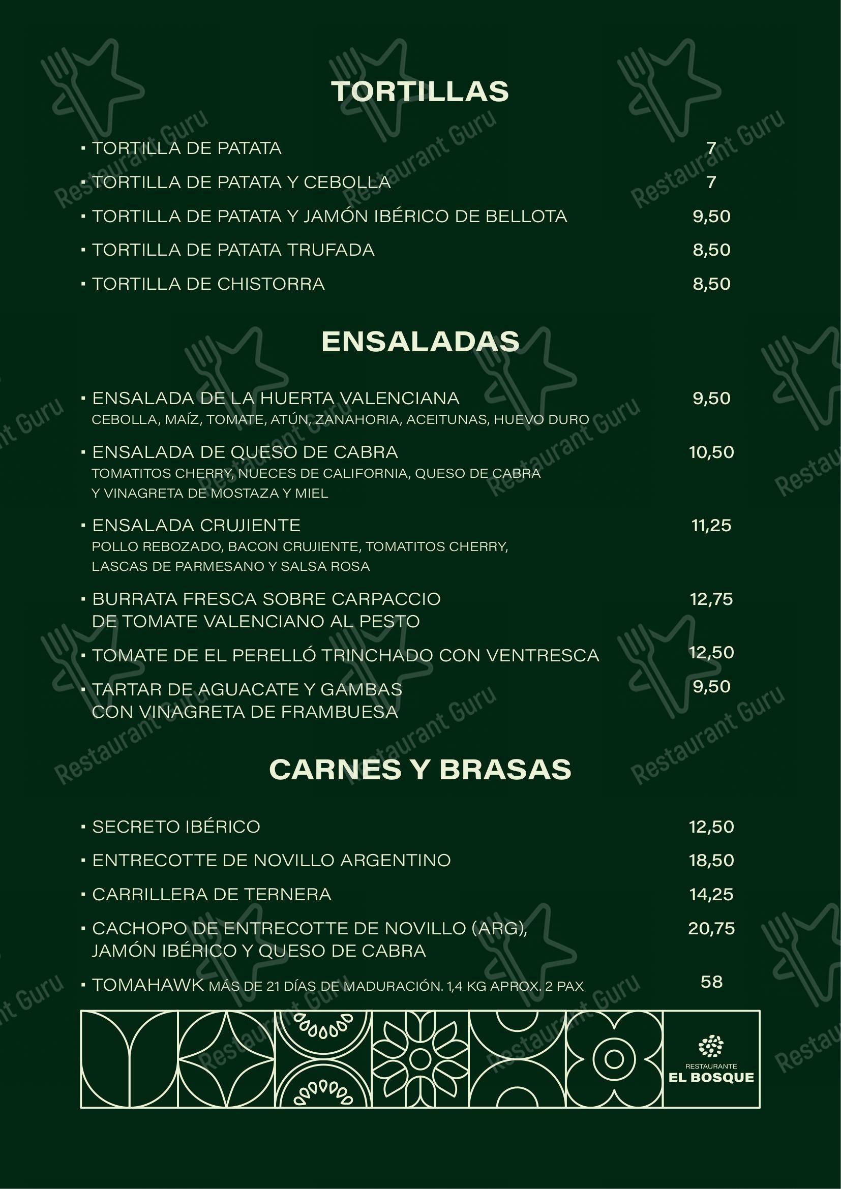 Carta de Restaurante El Bosque, El Portil