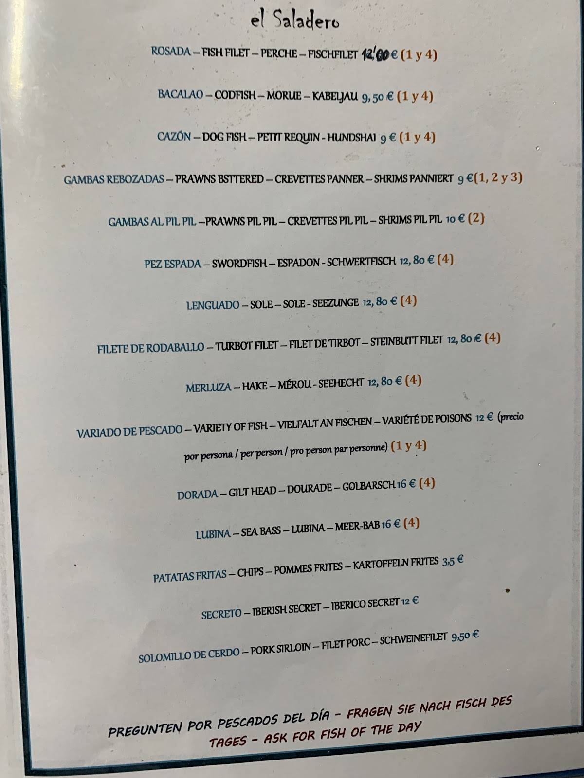 Carta de Restaurante El Saladero, Caleta de Vélez