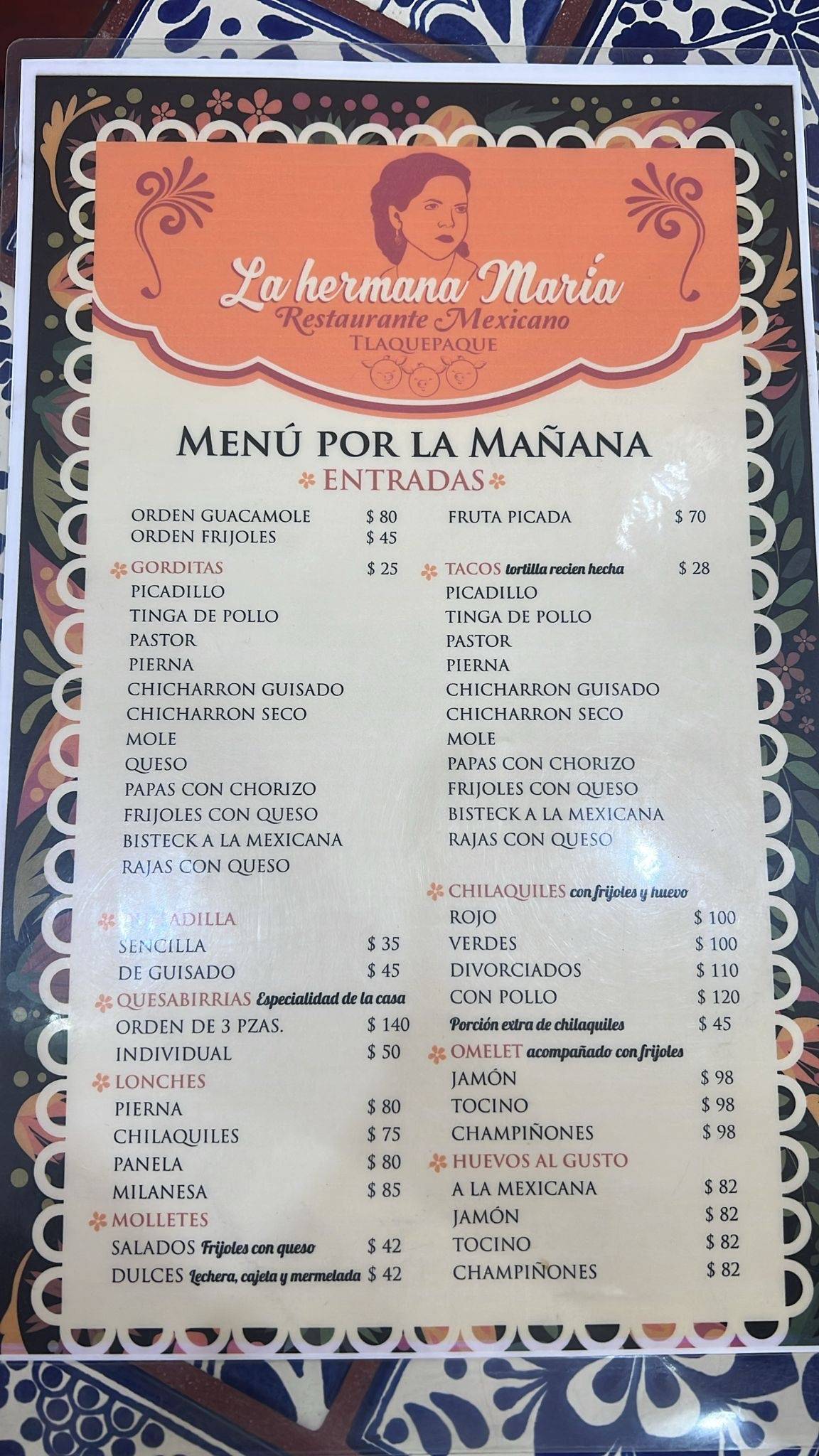 Carta de Restaurante La Hermana María, San Pedro Tlaquepaque