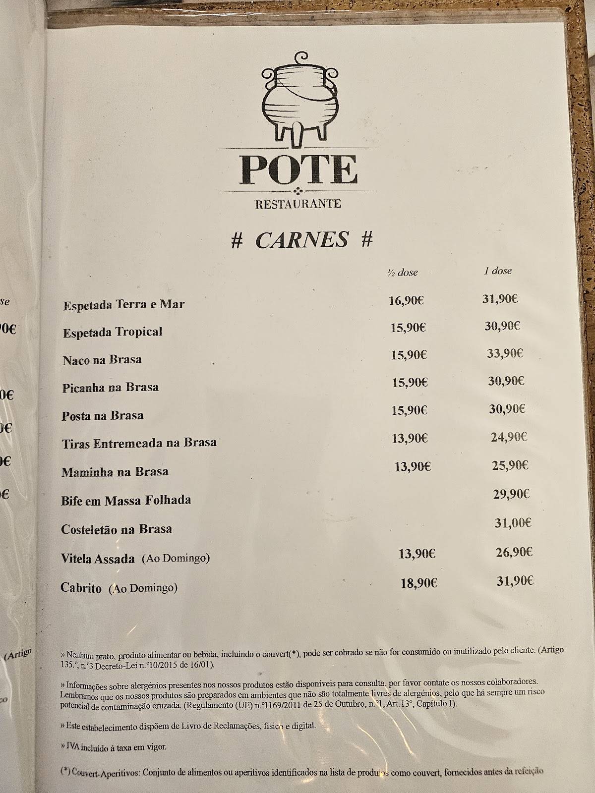 Menu em Restaurante Pote, Válega, R. do Cadaval 395