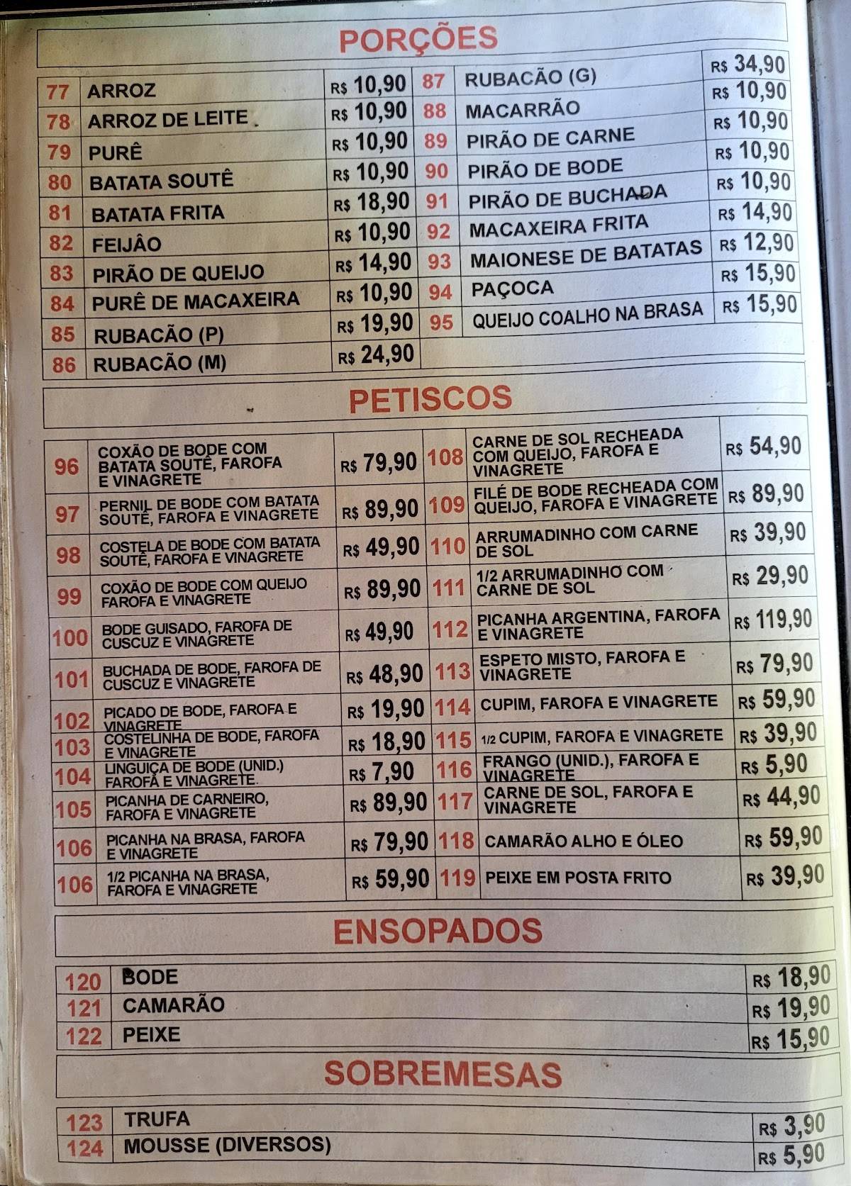 Carta de Restaurante Toca do Bode, João Pessoa, R. Vicente Pessoa de Brito