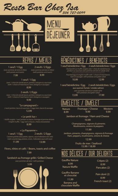 Menu au Resto Chez Isa restaurant, Bertrand