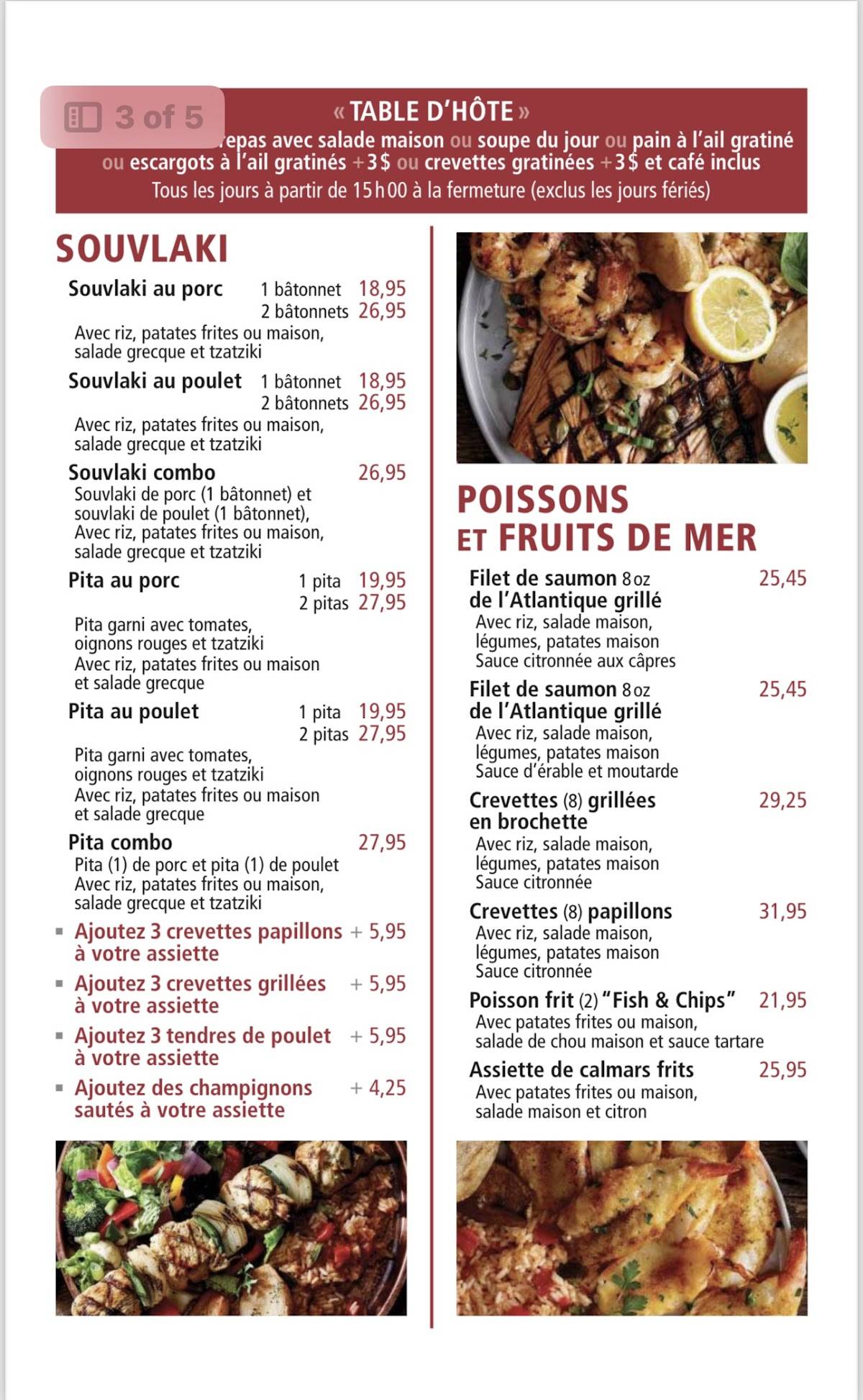 Menu au Resto St-Augustin restaurant, Mirabel, Rue de St Augustin