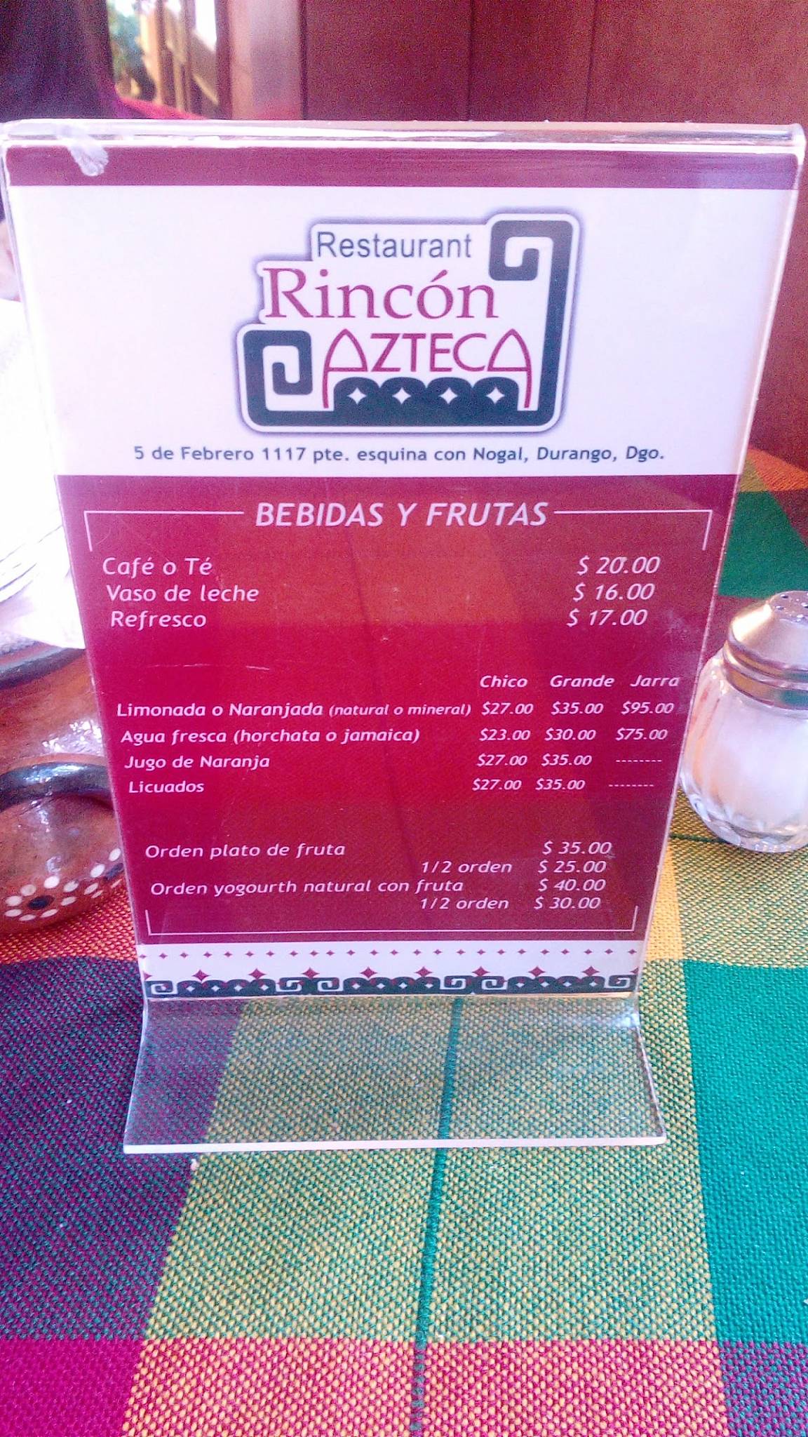 Carta de Restaurant Rincón Azteca, Durango, Calle 5 de Febrero 1117