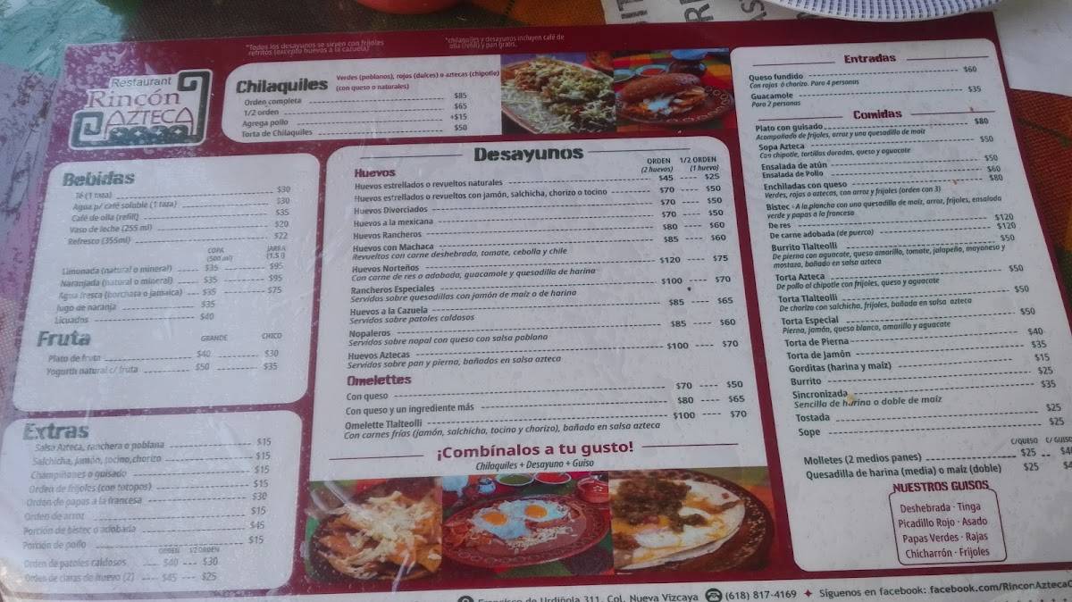 Carta de Restaurant Rincón Azteca, Durango, Calle 5 de Febrero 1117