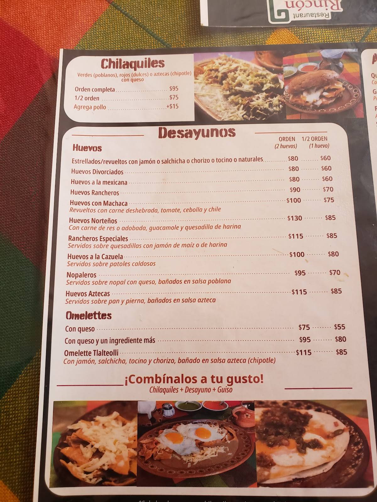 Carta de Restaurant Rincón Azteca, Durango, Calle 5 de Febrero 1117