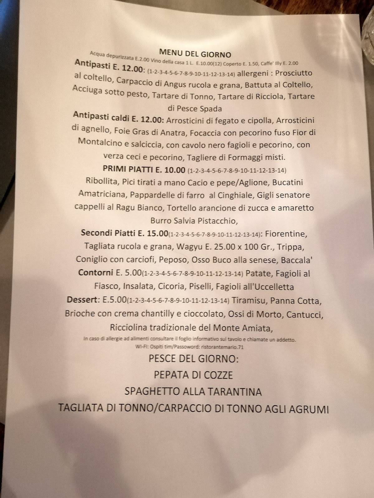 Menu at Ristorante Da Mario, Buonconvento