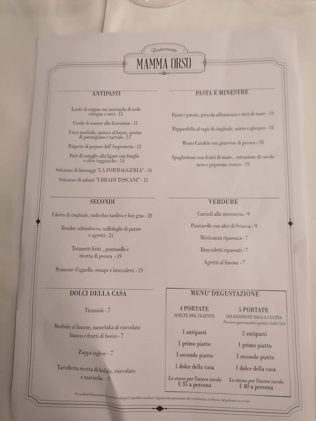 Menu da Mamma Orso ristorante, Roma