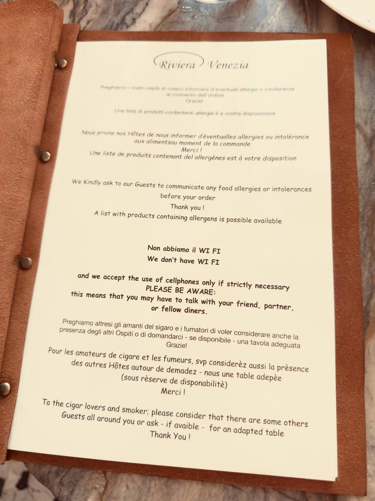 Menu da Ristorante Riviera, Venezia