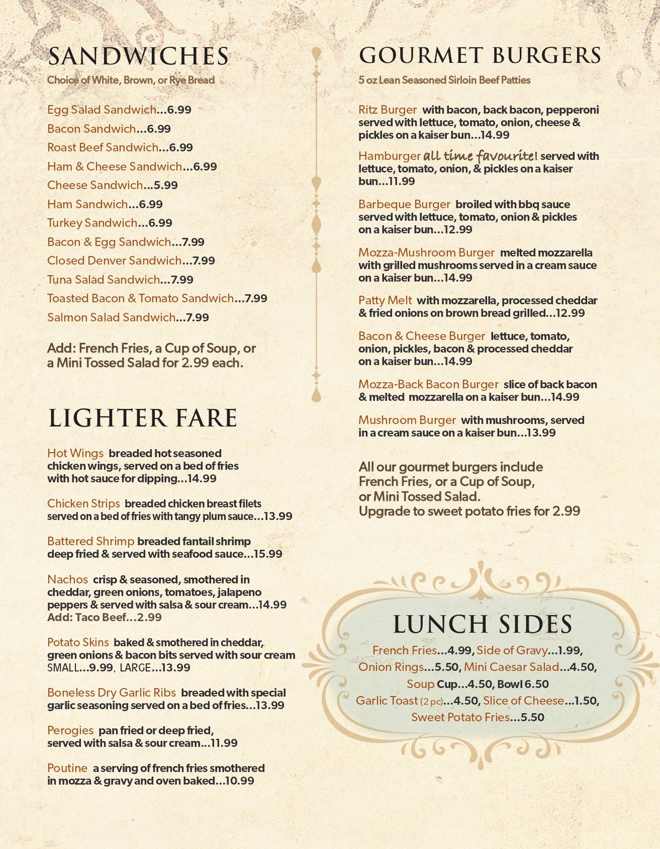 Menu at The Ritz Cafe & Motor Inn, Whitecourt