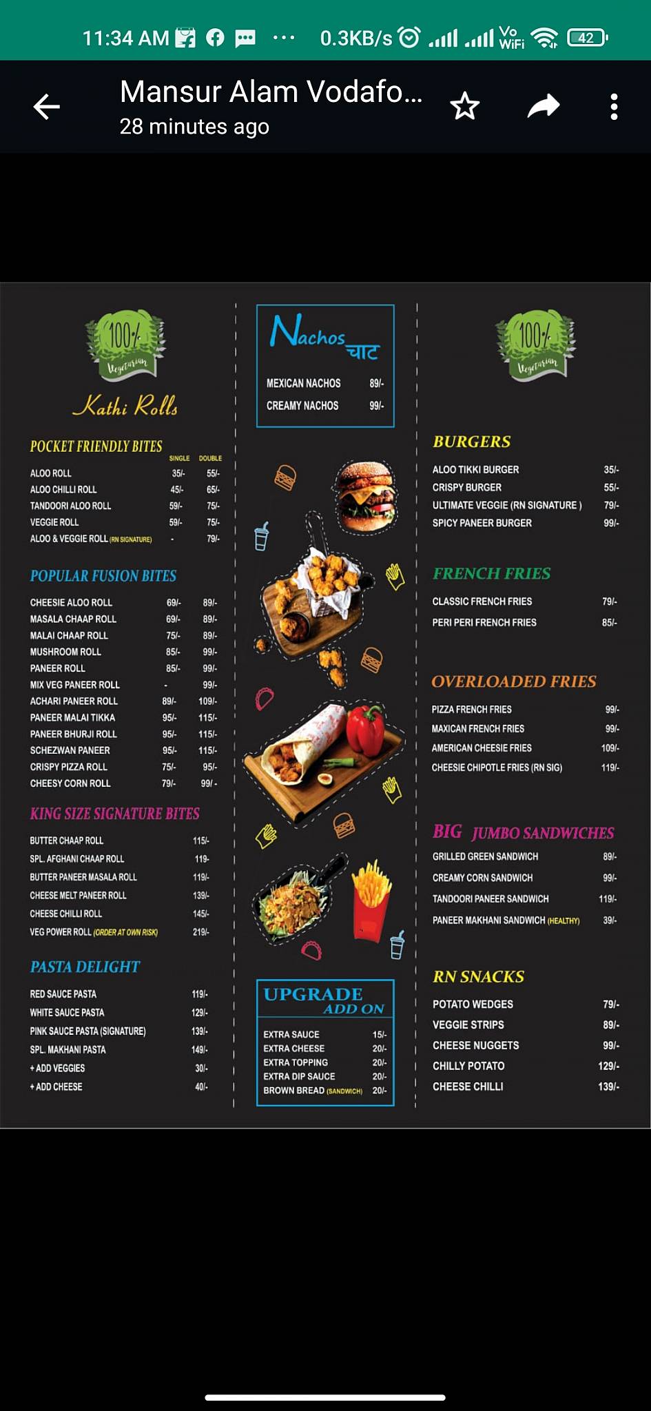 Menu at Rolls Nation, Fatehgarh Sahib