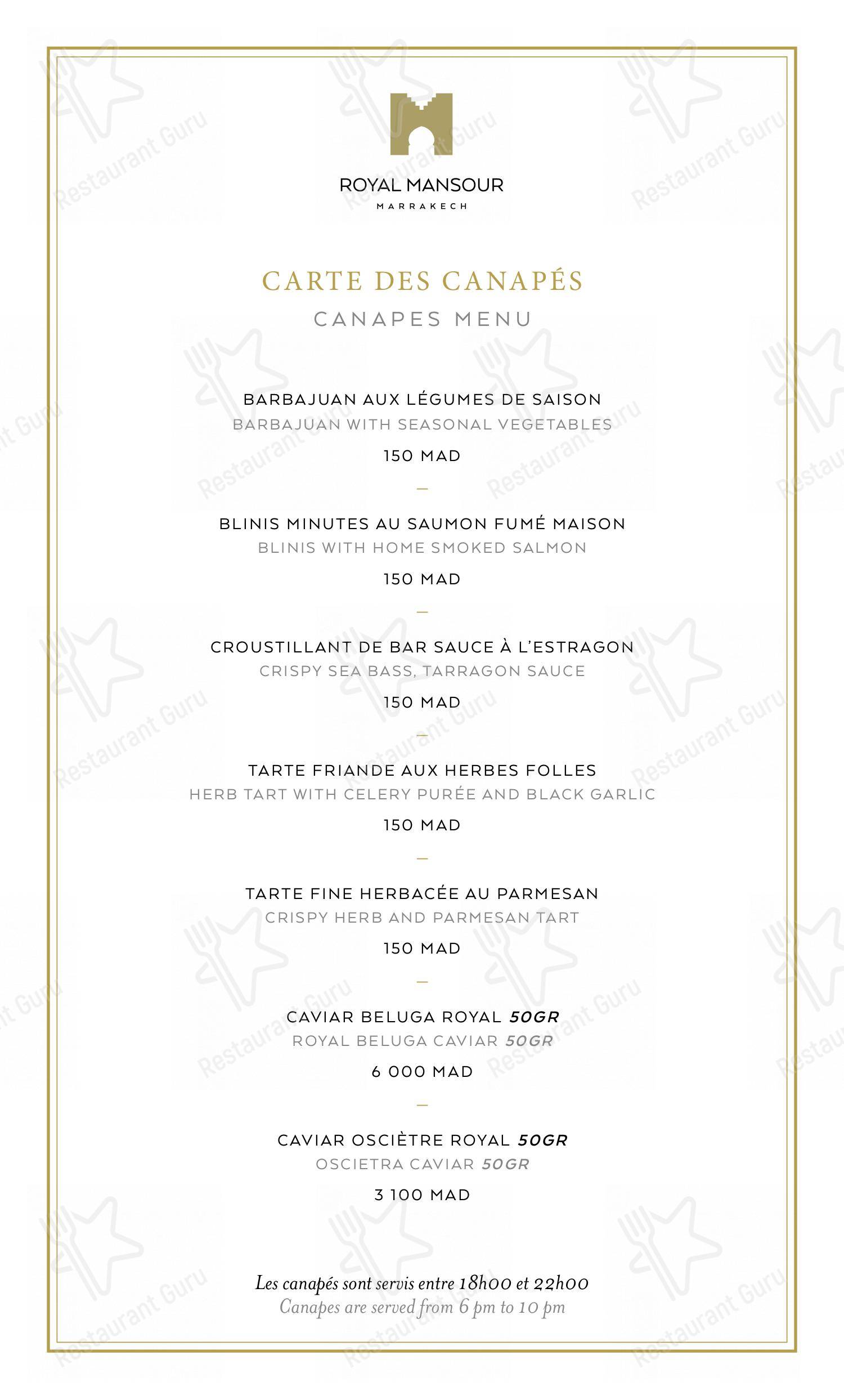 Menu au Royal Mansour Marrakech restaurant, Marrakech
