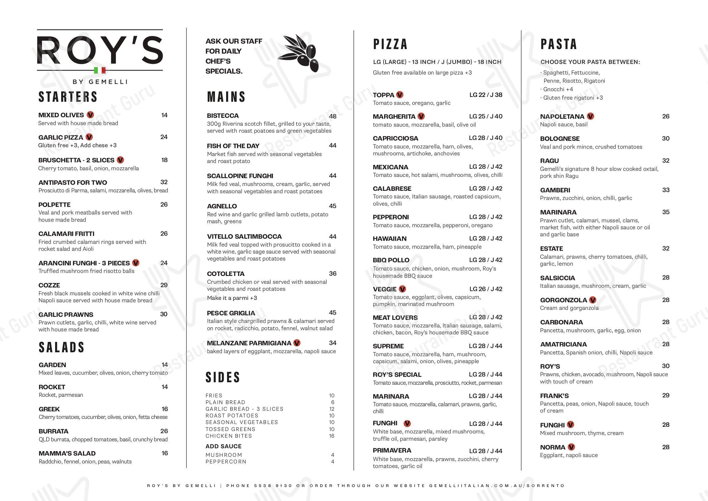 Menu at Roy's by Gemelli restaurant, Bundall