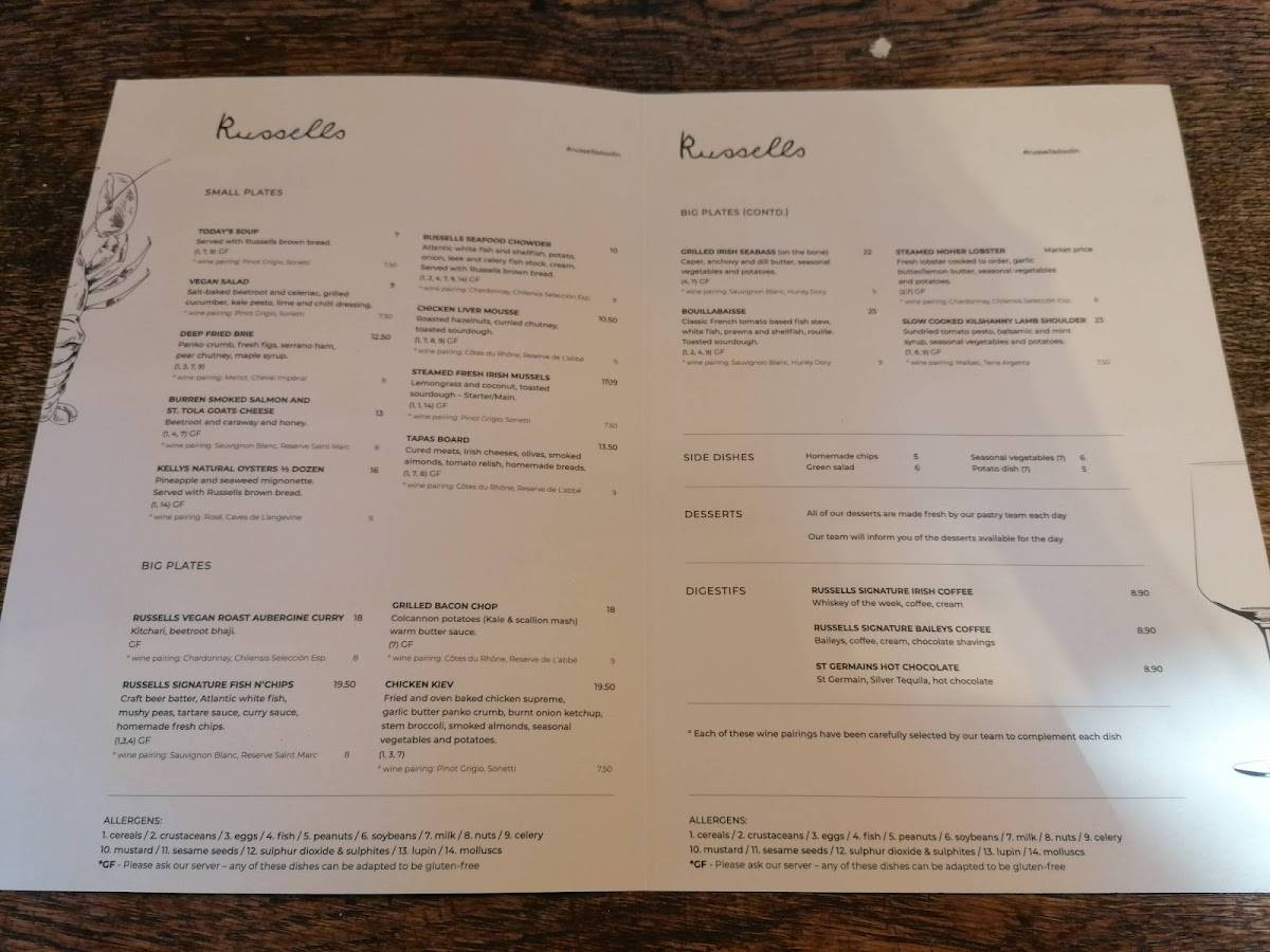 Menu at Russell's Fishshop restaurant, Doolin