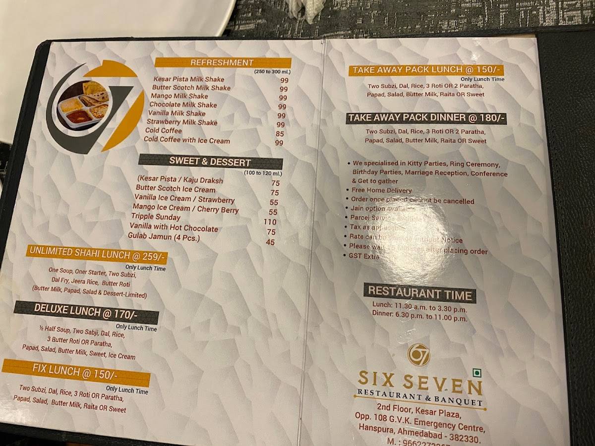 Menu at SIX SEVEN RESTAURANT AND BANQUET, Ahmedabad