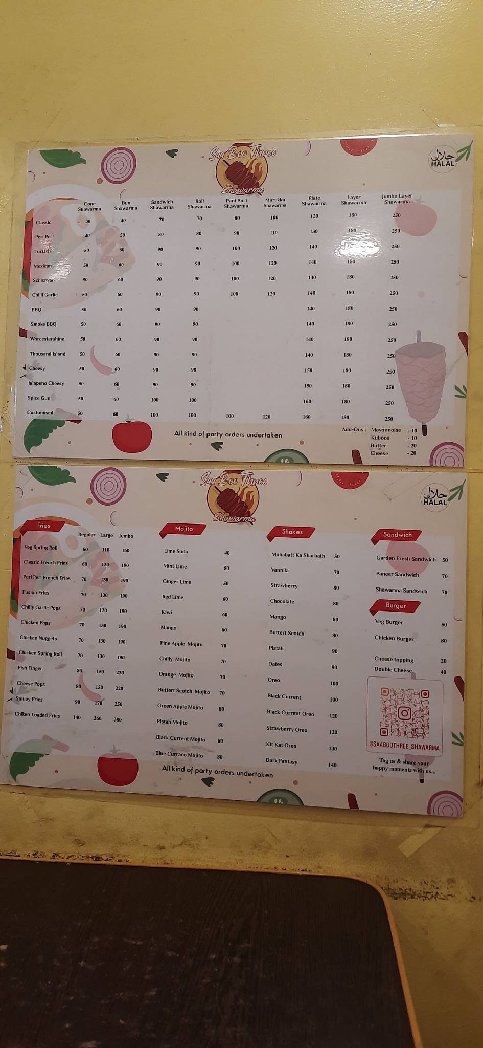 Menu at Saa Boo Three Shawarma, Coimbatore