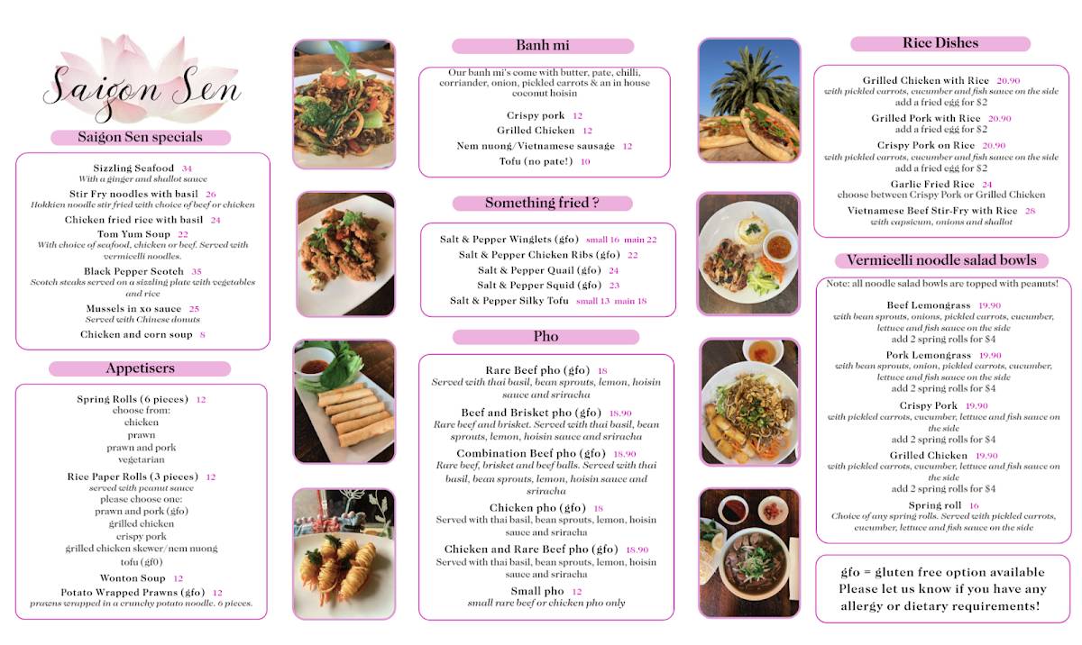 Menu at Saigon Sen restaurant, Albert Park