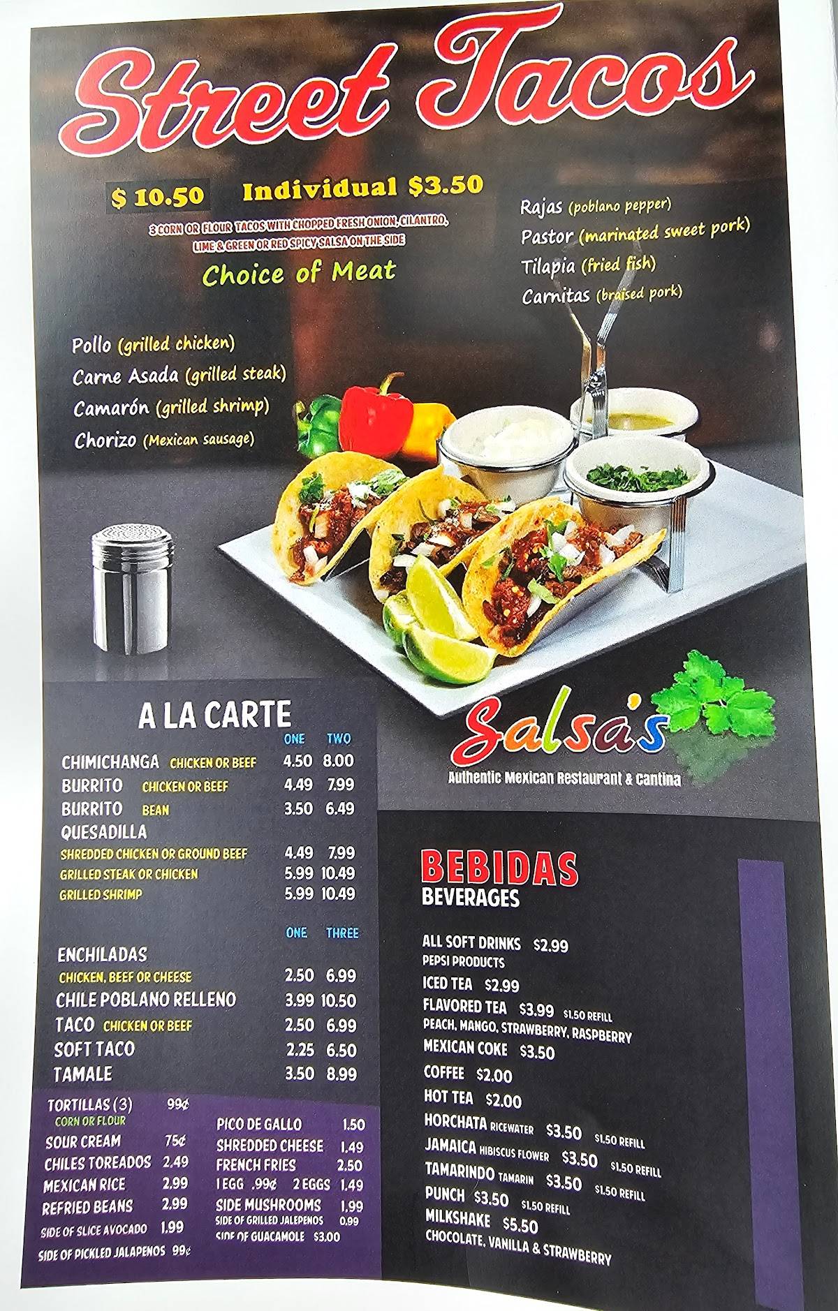 Menu at Salsa's Grill restaurant, Mountain Home, 965 Hwy 62 E