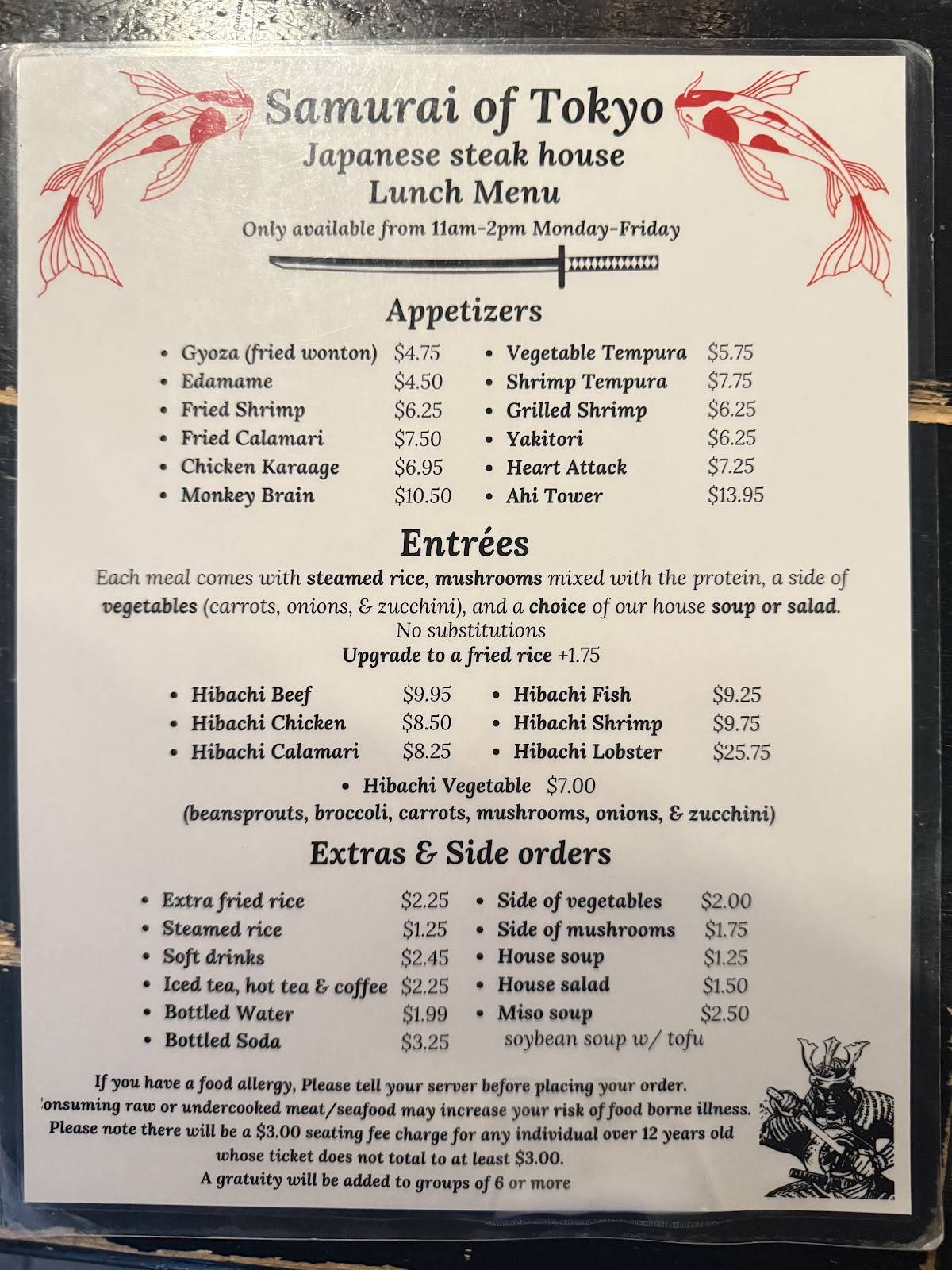 Menu at Samurai of Tokyo restaurant, Wichita Falls