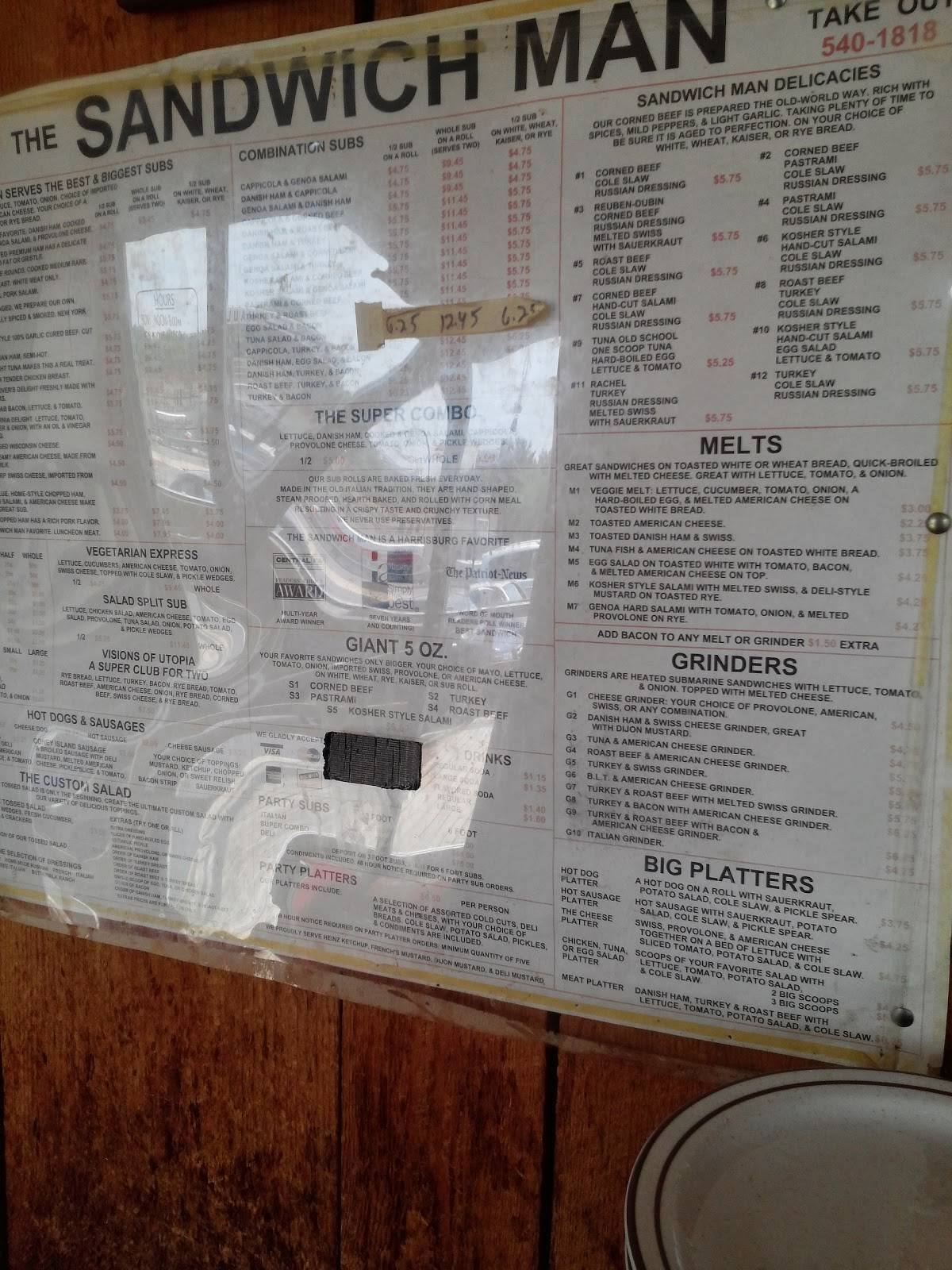 Menu at Sandwich Man restaurant, Paxtonia, Allentown Blvd