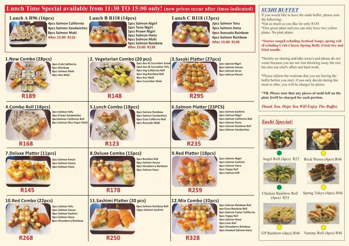 Menu at Sasaki Sushi restaurant, Pretoria, Atterbury Rd