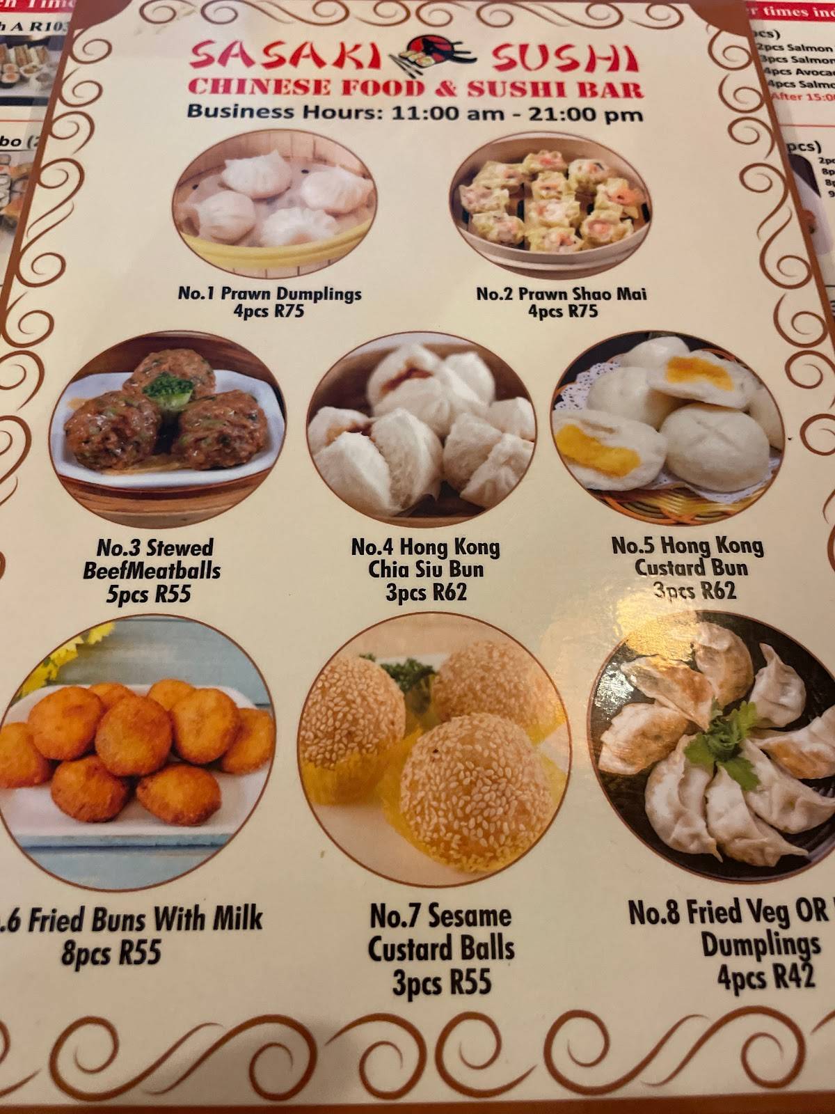 Menu at Sasaki Sushi restaurant, Pretoria, Atterbury Rd