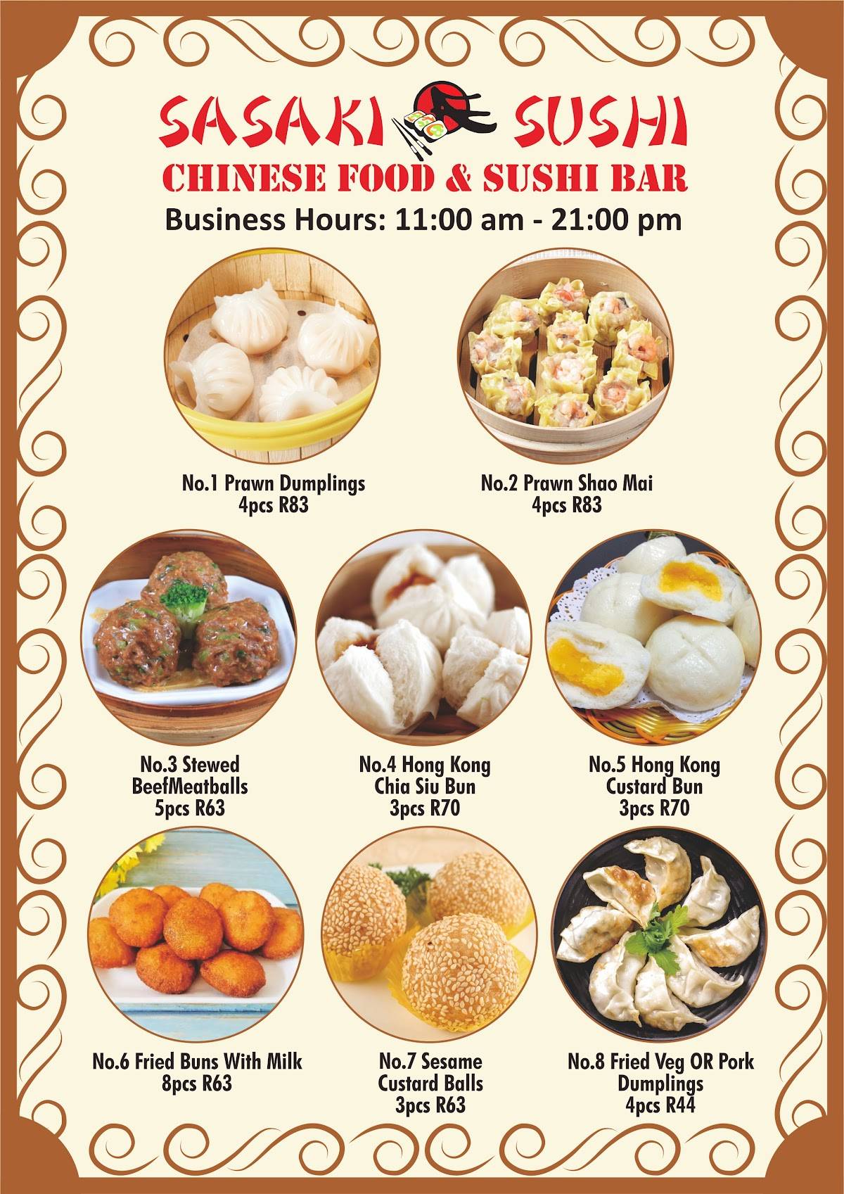 Menu at Sasaki Sushi restaurant, Pretoria, Atterbury Rd