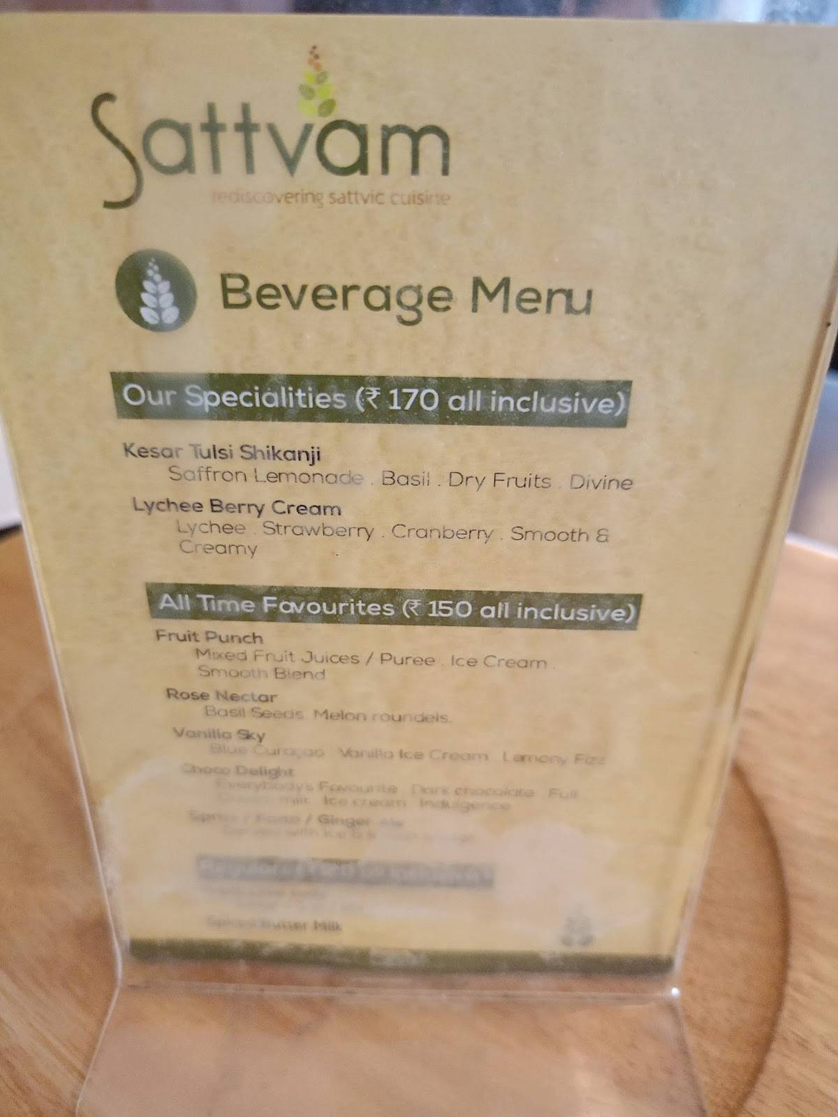Menu at Sattvam Restaurant, Hyderabad