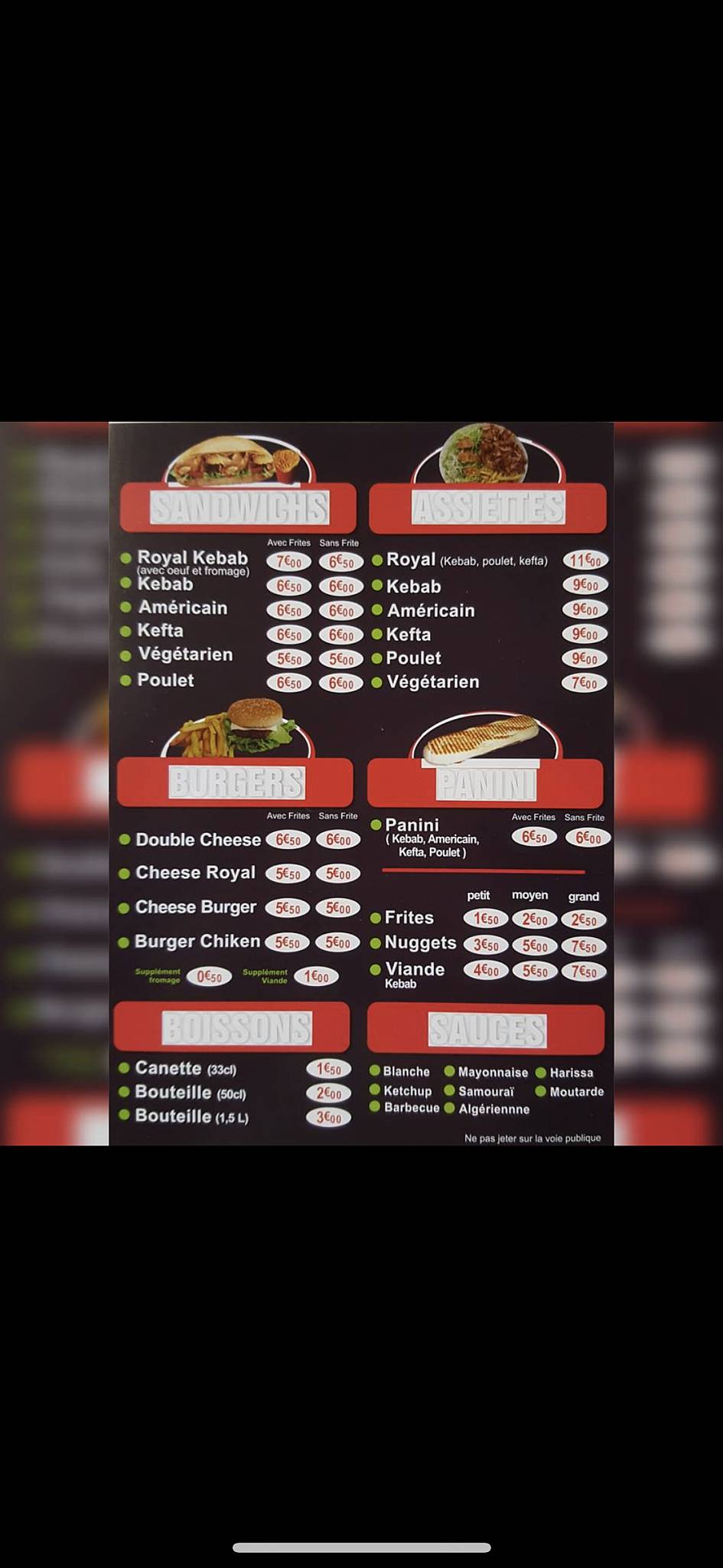Menu au Royal Kebab restaurant, Saujon