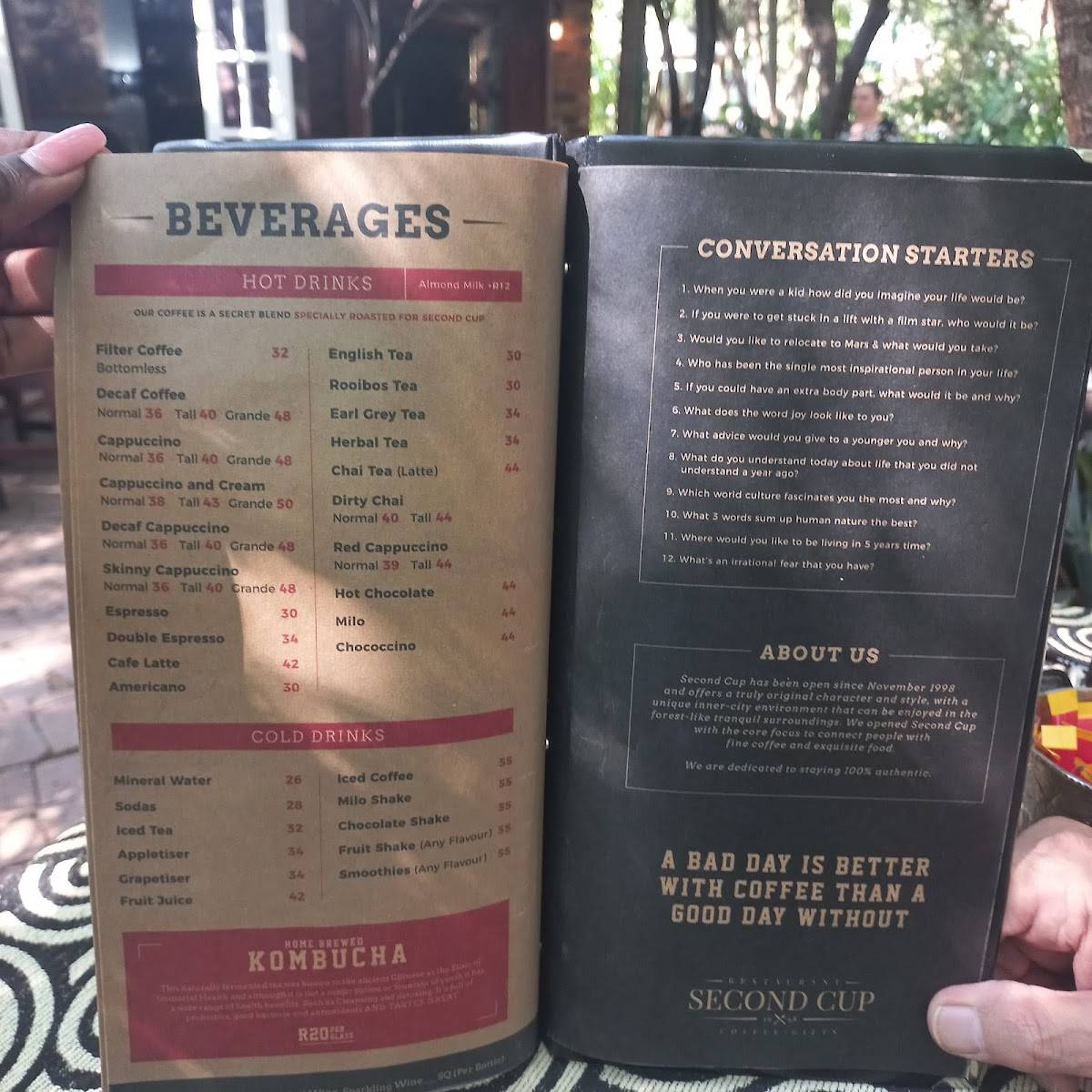 Menu at Second Cup restaurant, Johannesburg, John Vorster Rd