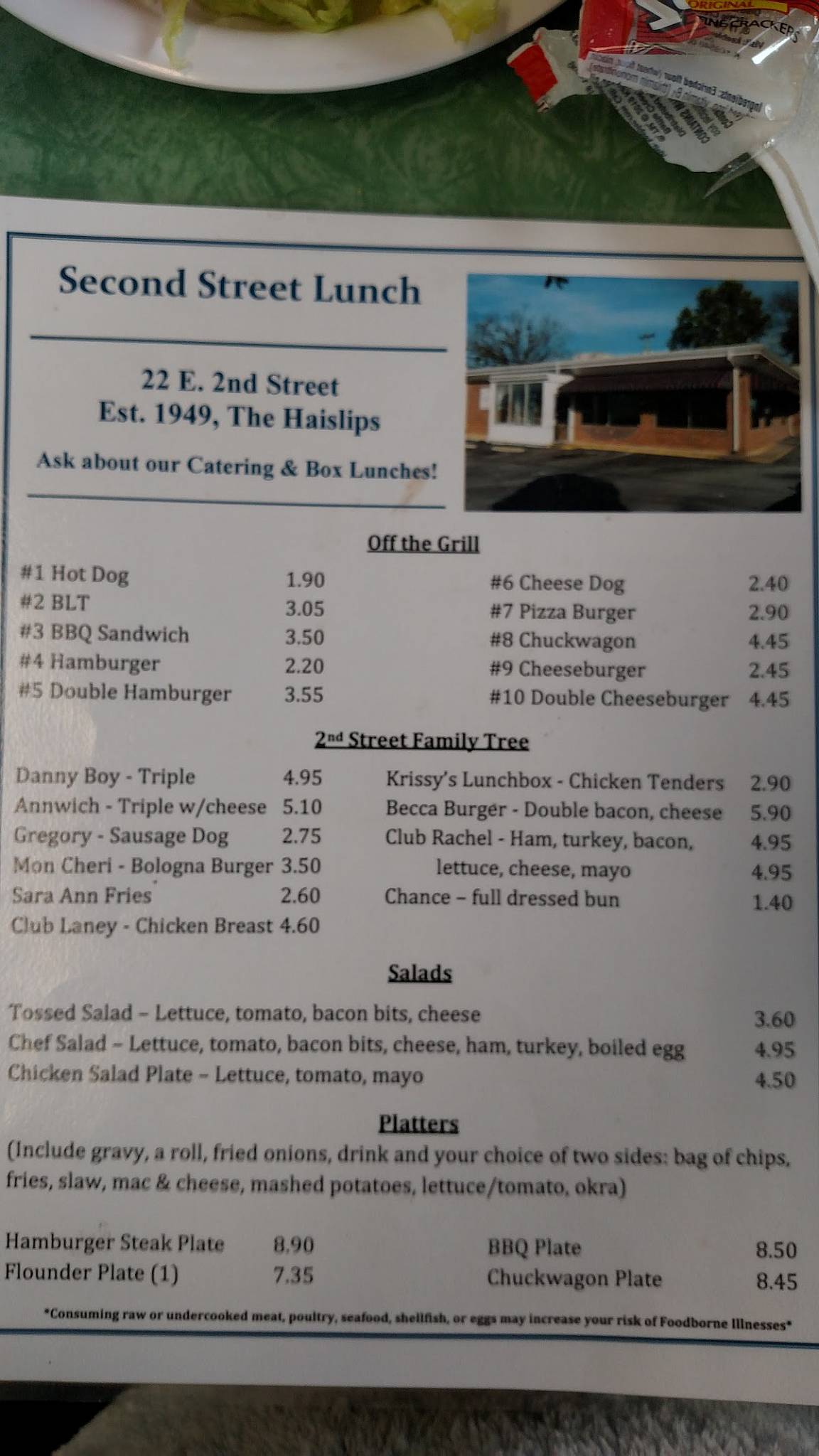 Menu at Second Street Lunch restaurant, Roanoke Rapids
