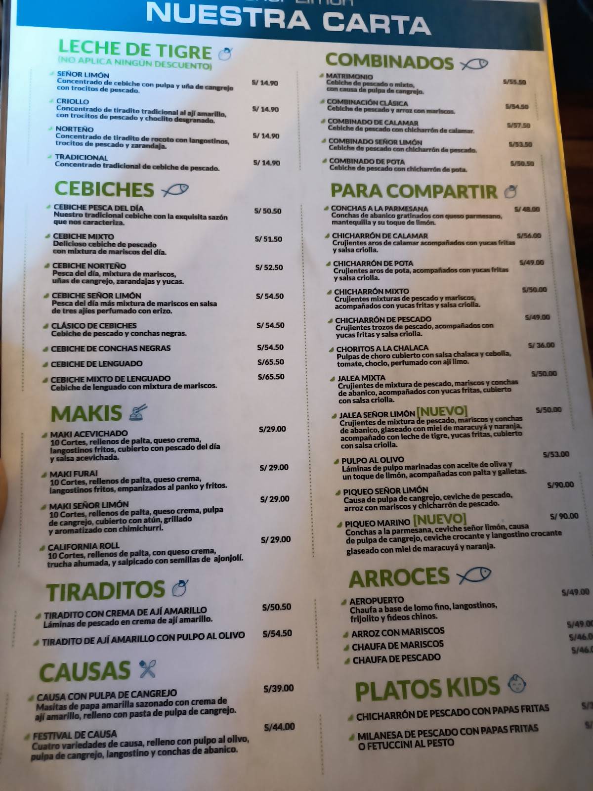 Carta del restaurante Señor Limón, La Molina, Av. Javier Prado Este 5335