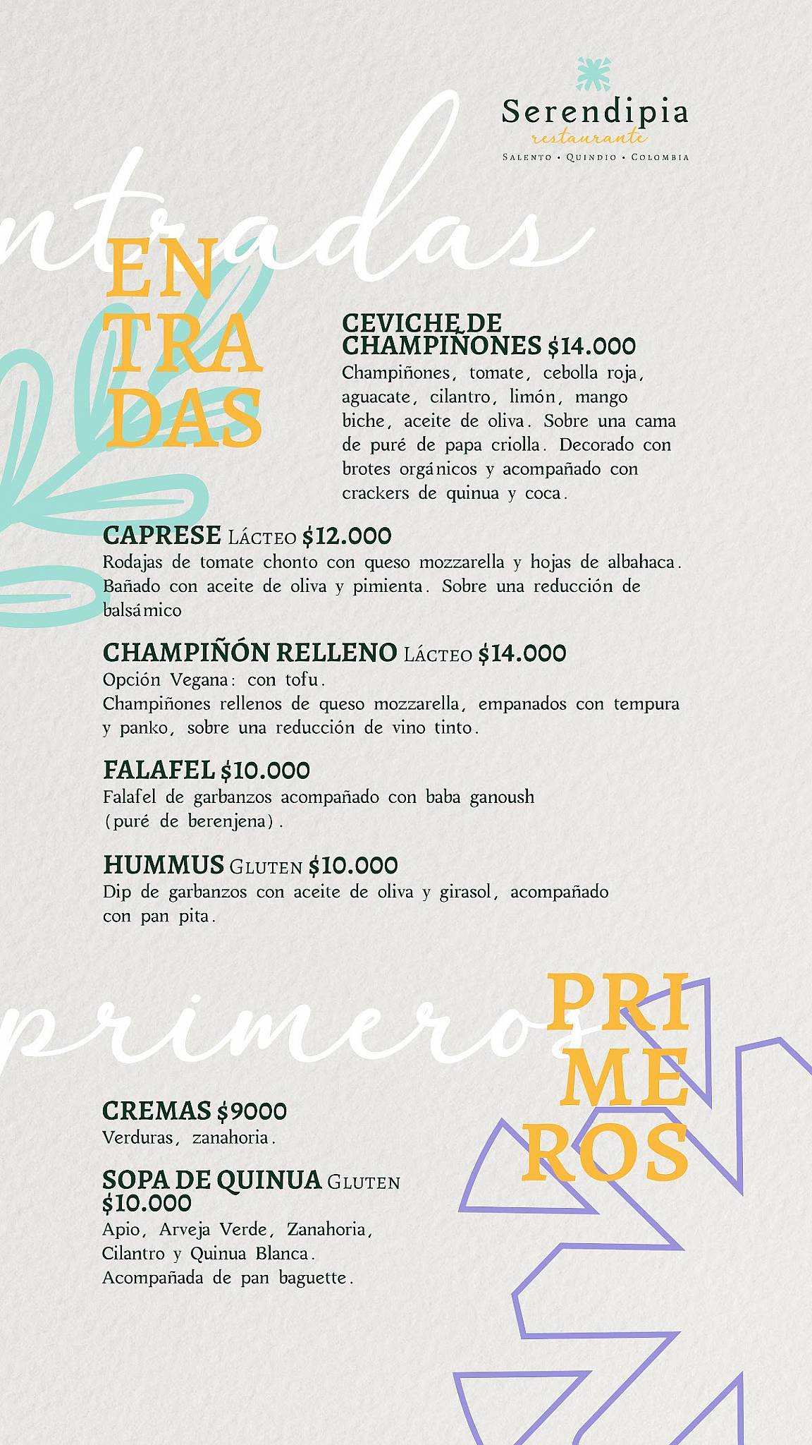 Carta del restaurante Serendipia Encuentro, Salento