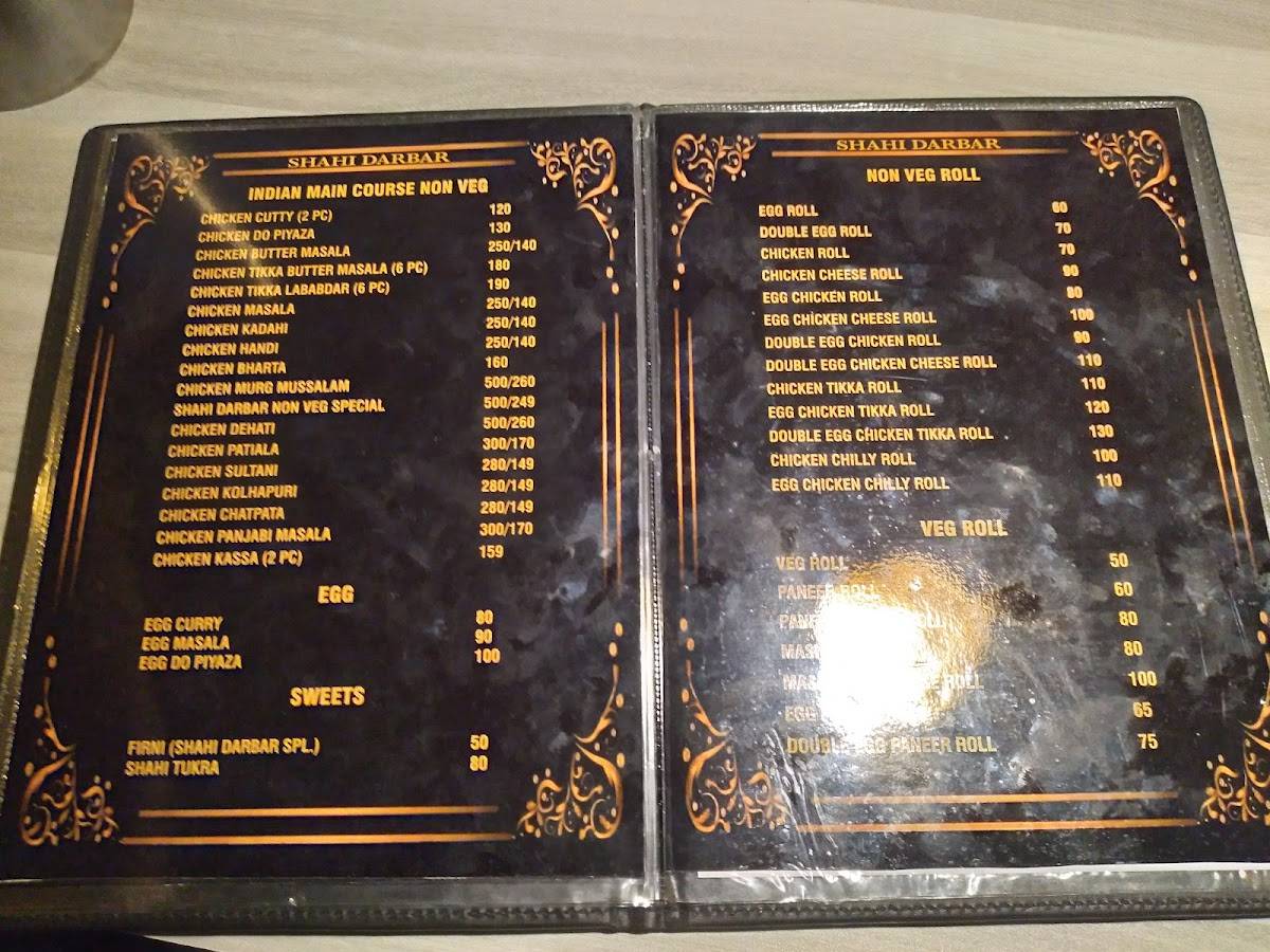 Menu at Shahi Darbar, Bokaro Steel City, City Centre