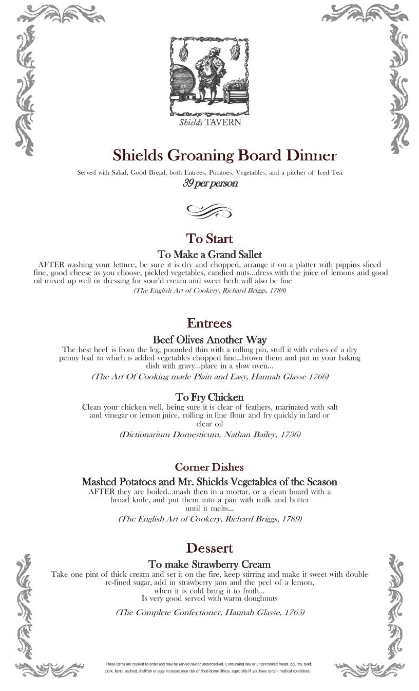 Menu at Shields Tavern restaurant, Williamsburg