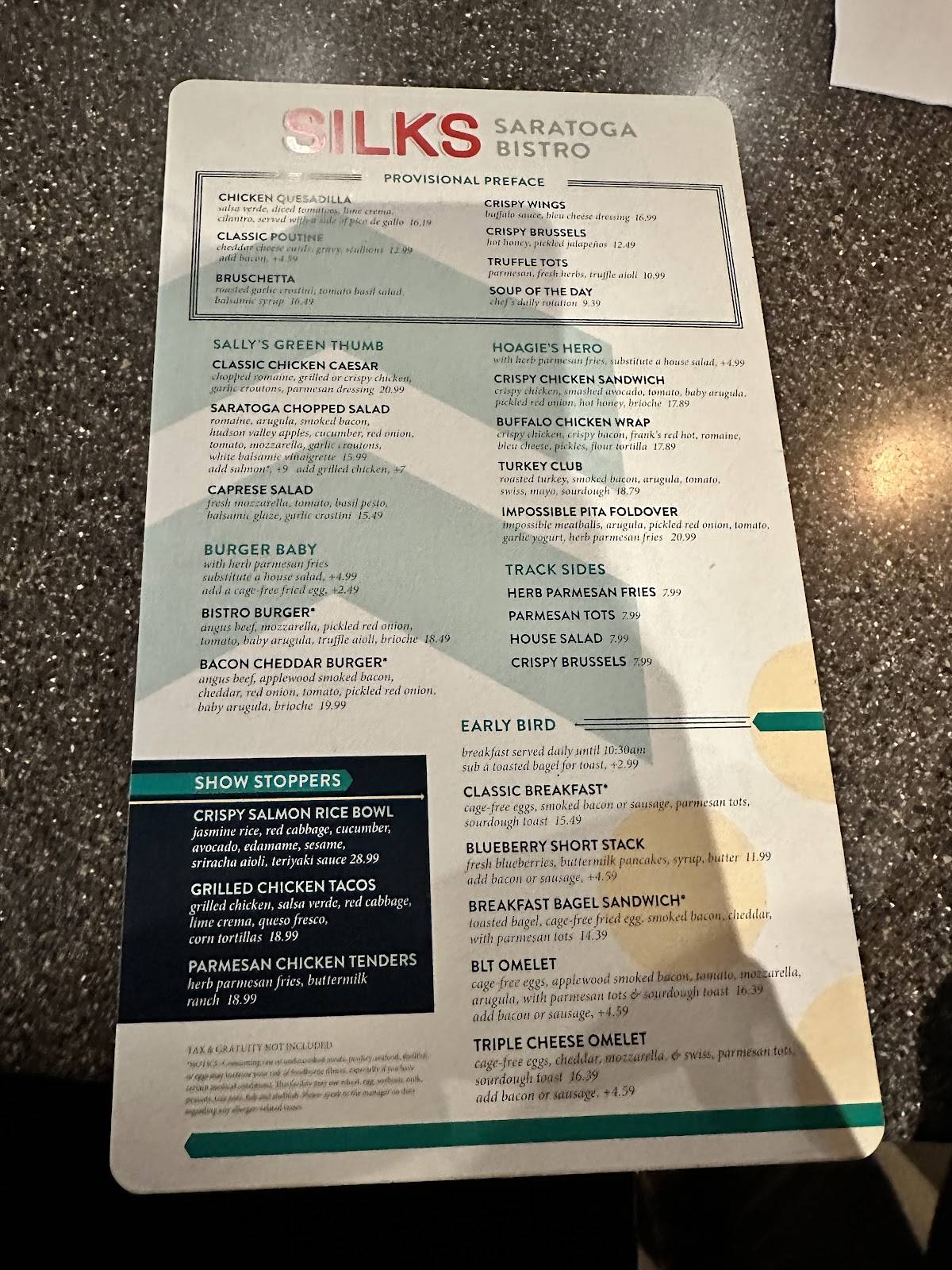Menu at Silks Saratoga Bistro restaurant, Newtonville