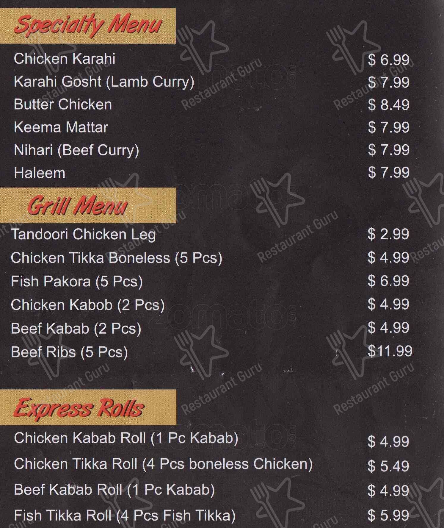 Menu at Sizzler Kabab restaurant, Toronto, 381 Spadina Ave.