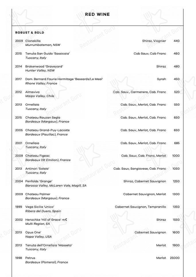 Menu at SK Steak & Oyster restaurant, Fortitude Valley