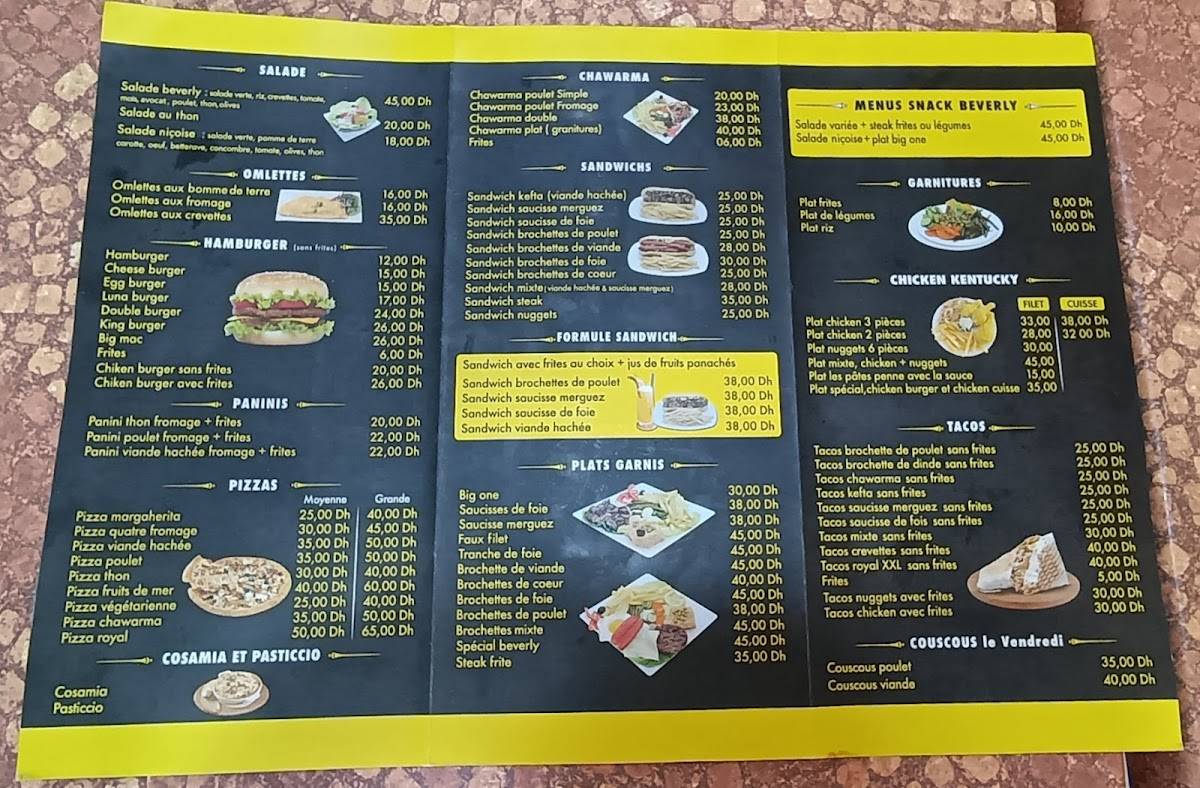 Menu au Snack Beverly restaurant, Casablanca