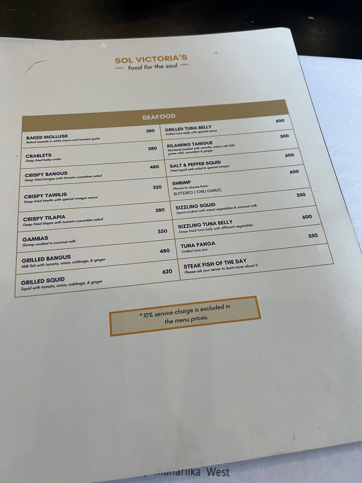 Menu at Sol Victoria's restaurant, Tagaytay