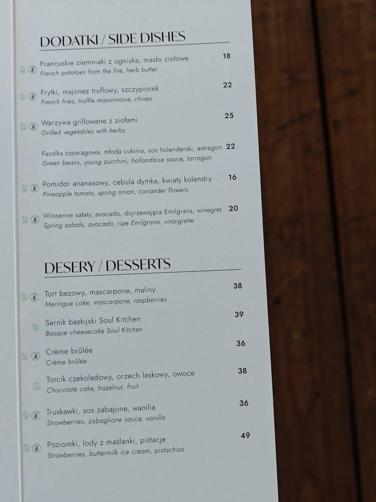 Menu at Soul Kitchen restaurant, Warsaw