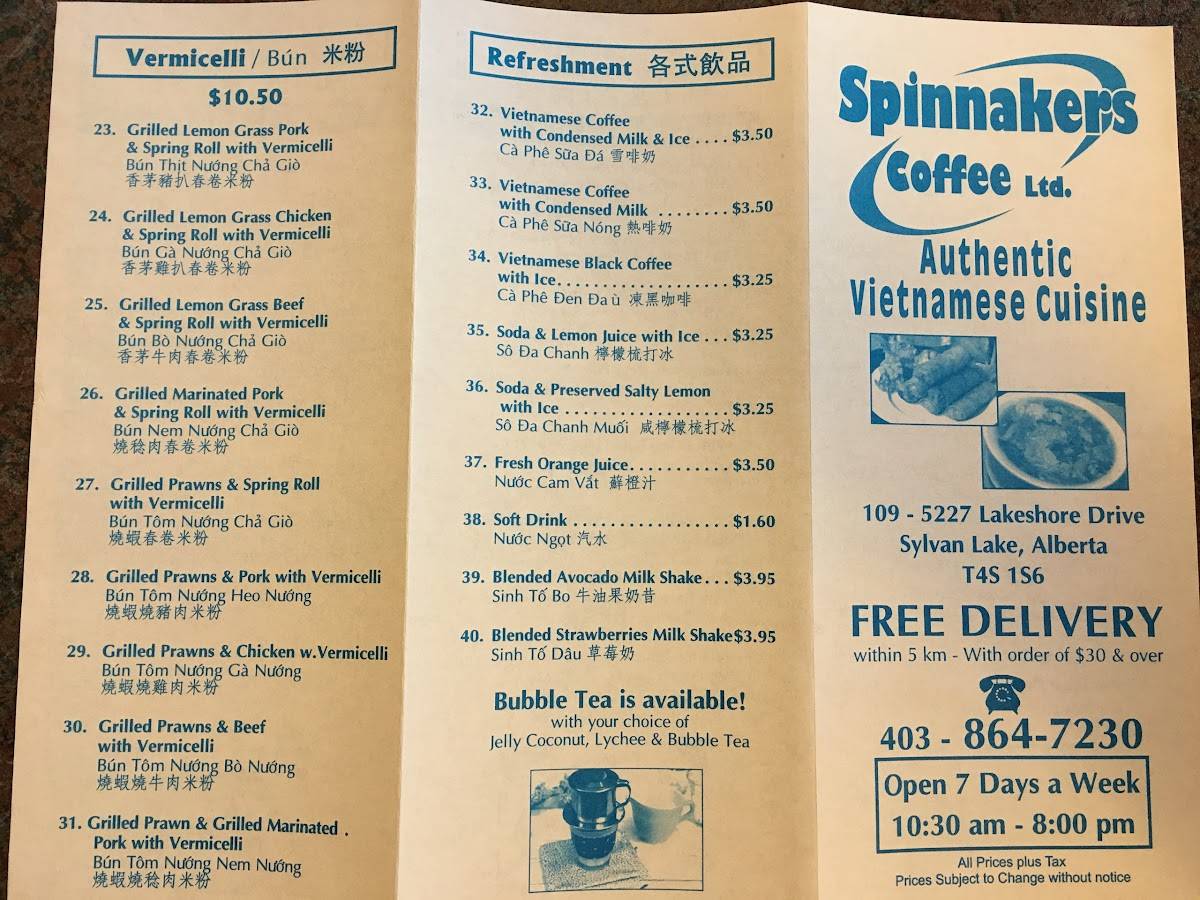 Menu at Spinnaker's Cafe, Sylvan Lake