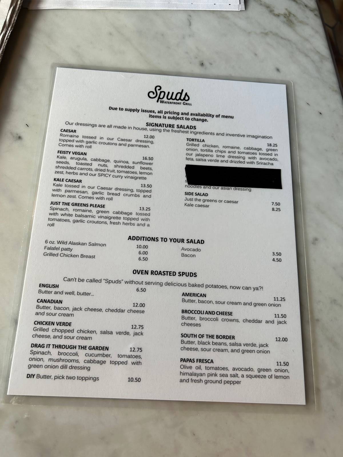 Menu at Spuds Waterfront Grill restaurant, Sandpoint