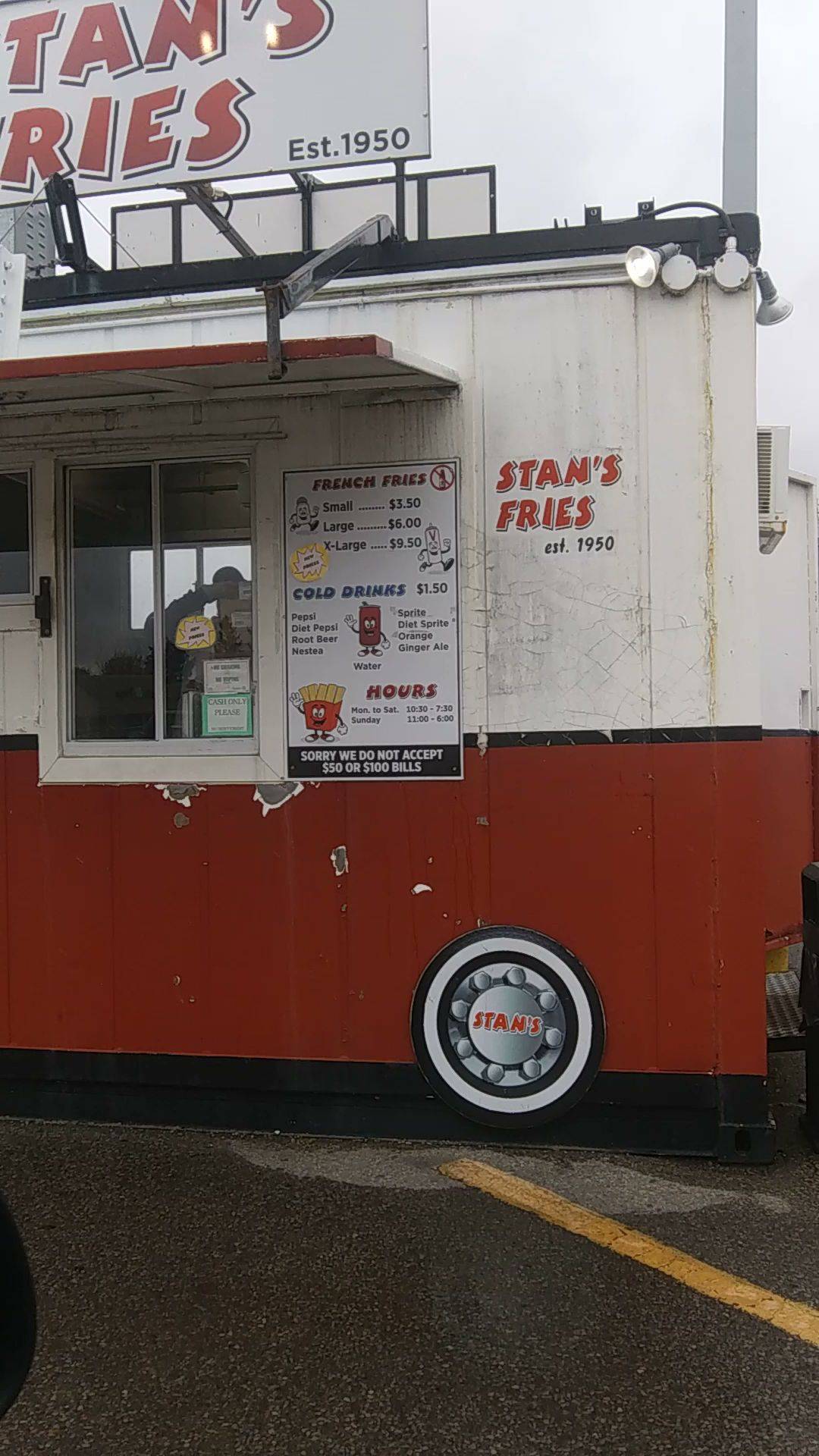Menu at Stan's Fries restaurant, Brantford, Fairview Drive