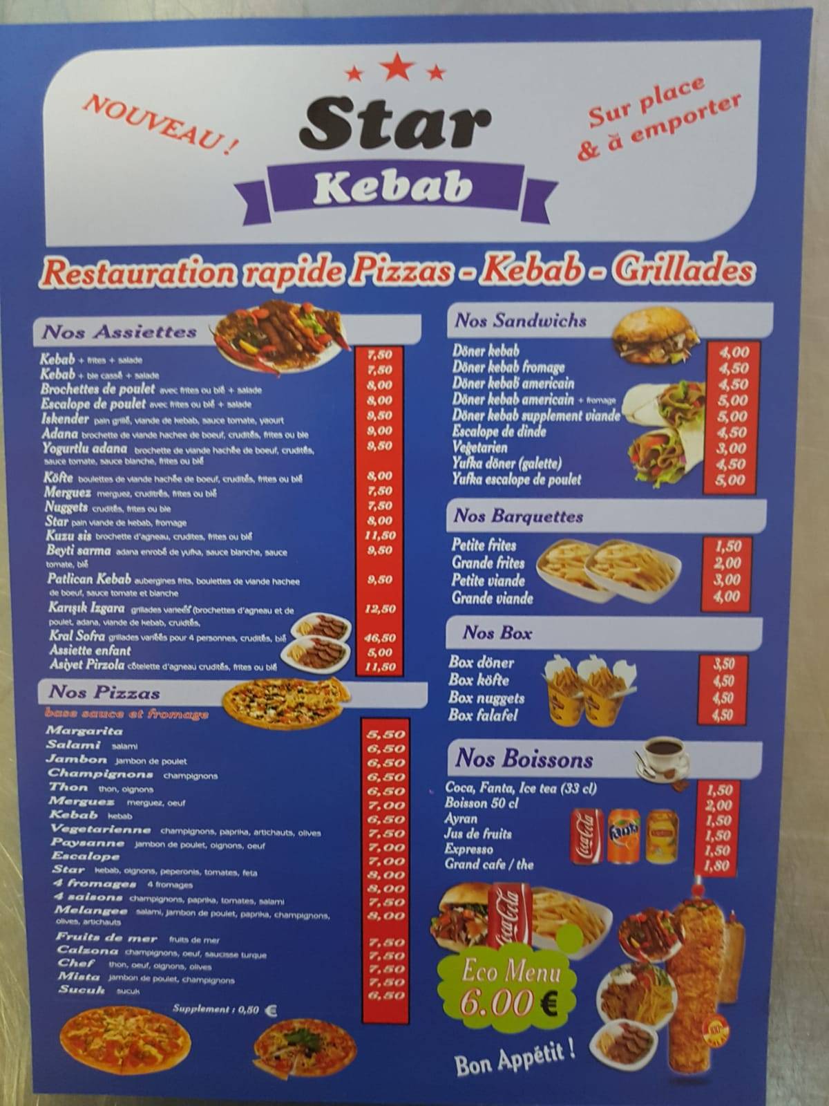 Menu au Star Kebab restaurant, Mulhouse