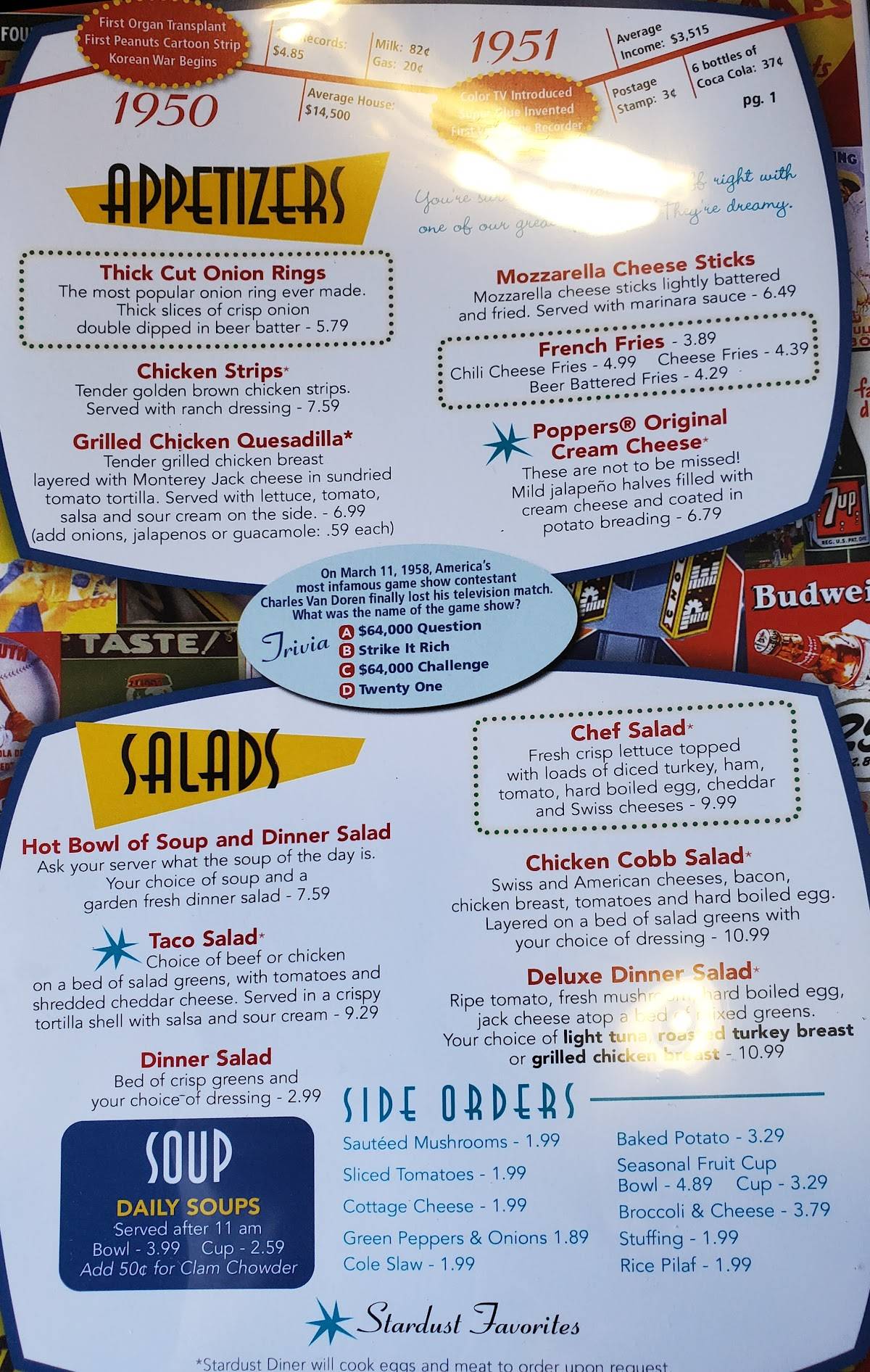 Menu at Stardust Diner cafe, Vancouver